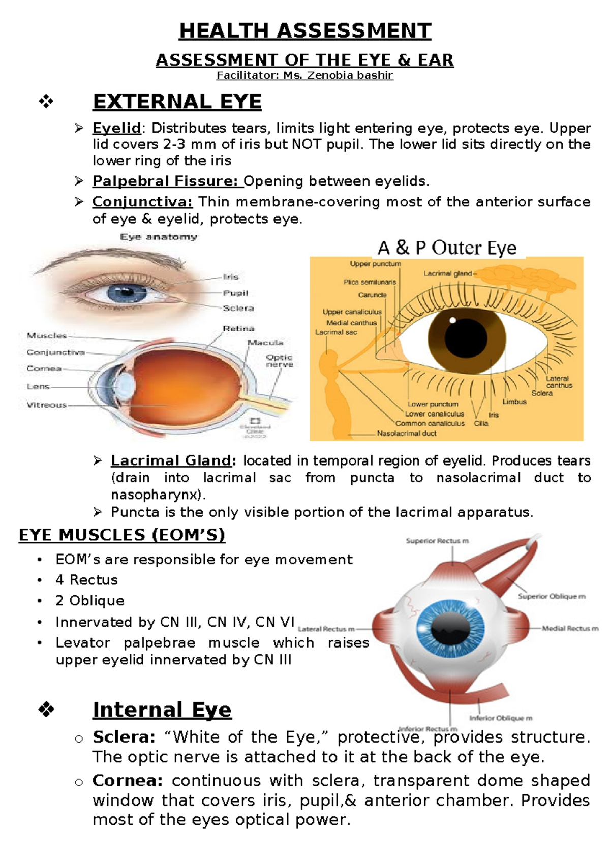 Assessment OF THE EYE & EAR - HEALTH ASSESSMENT ASSESSMENT OF THE EYE ...
