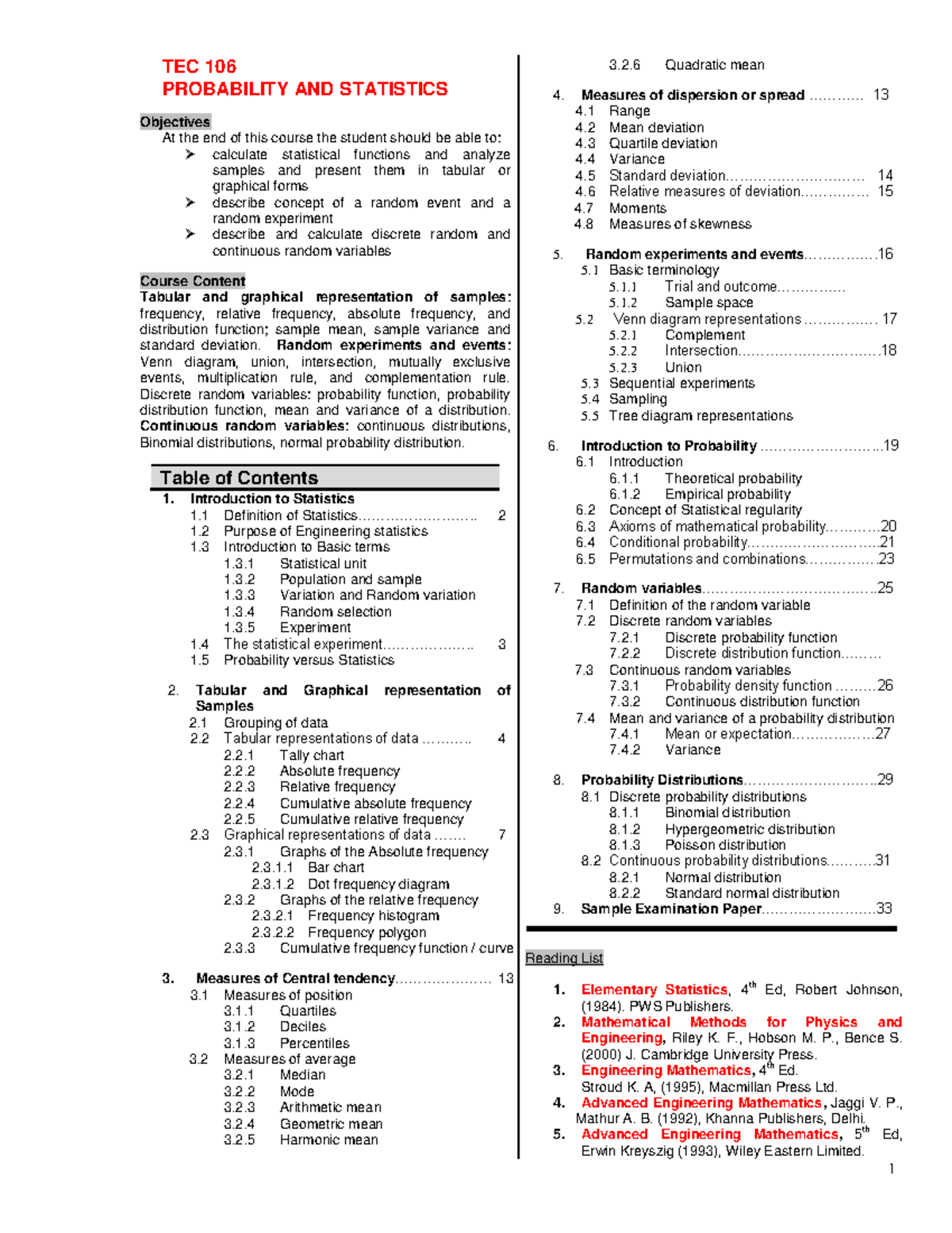 TEC 106-Complete converted Notes 1632242922 - TEC 106 PROBABILITY AND ...