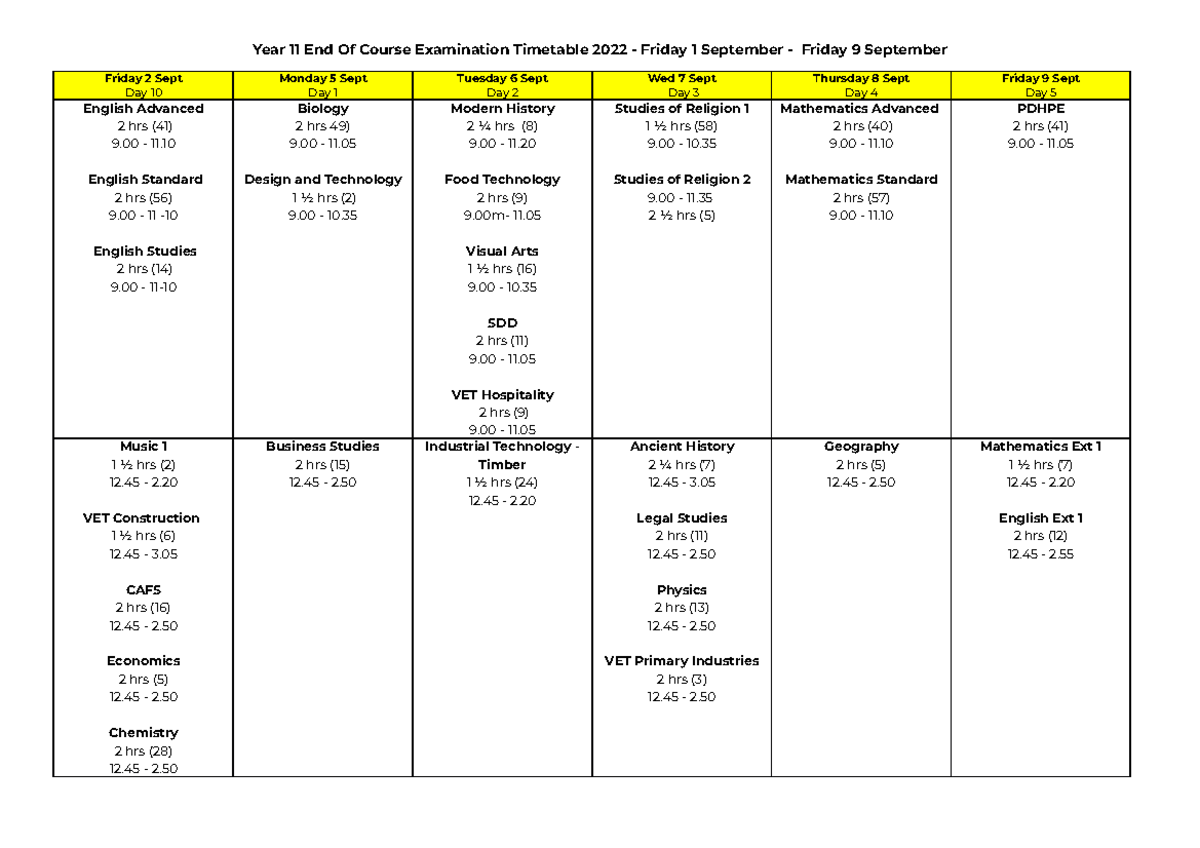 2022 Year 11 Examination Timetable 2022 - Year 11 End Of Course Examination Timetable 2022 ...