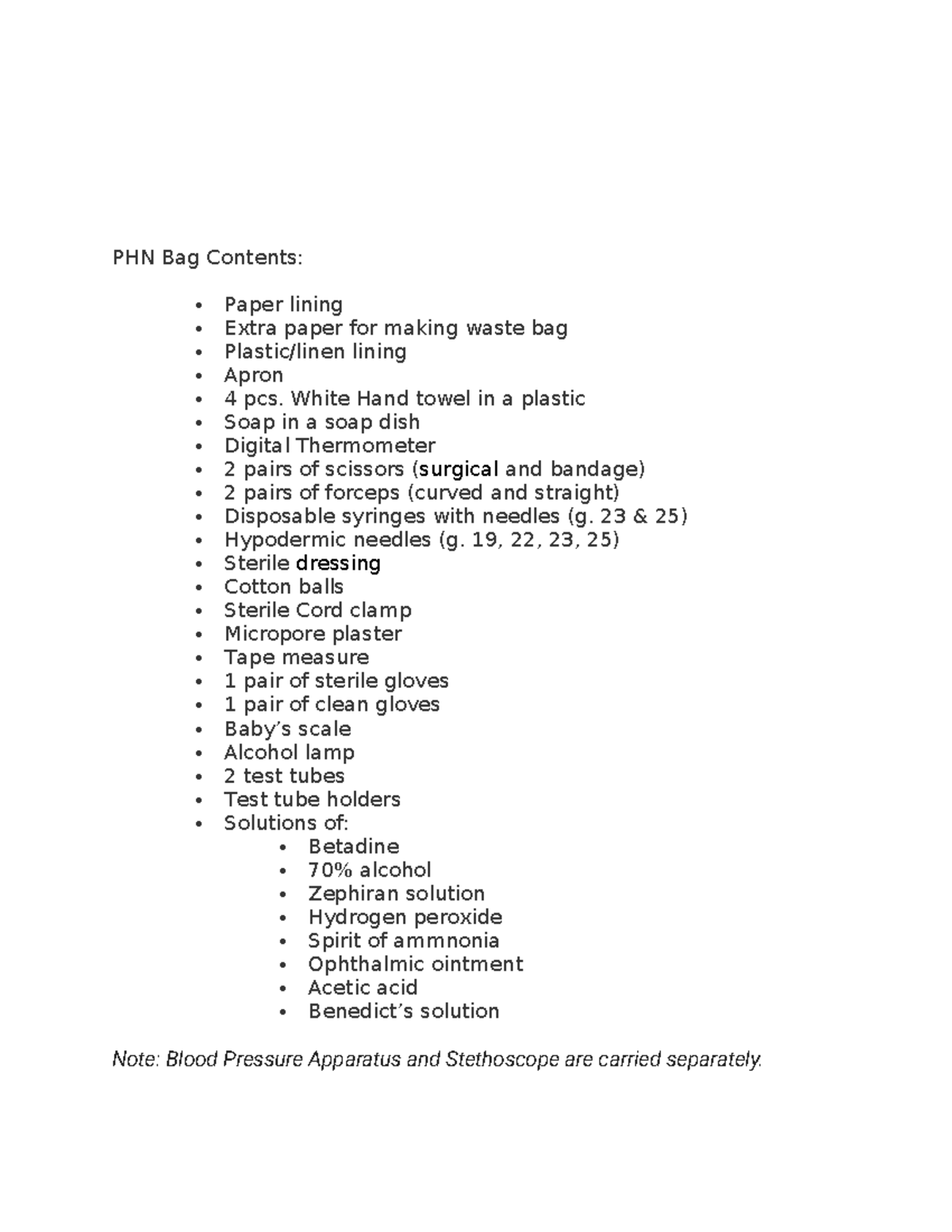PHN bag contents - List of nursing paraphernalia - PHN Bag Contents: Paper lining Extra paper ...