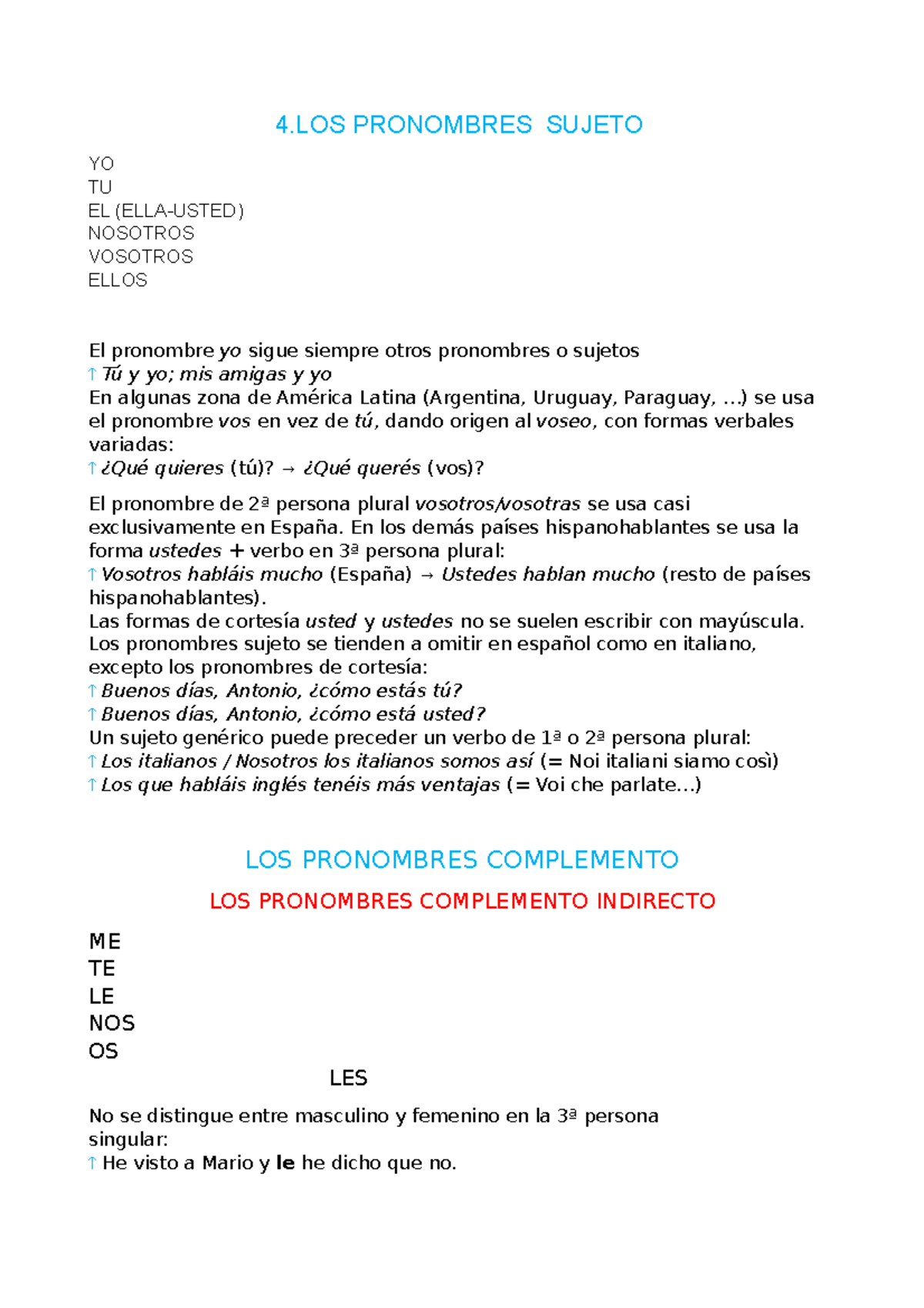 3. Pronombres sujeto, complemento y reflexivos - 4 PRONOMBRES SUJETO YO ...