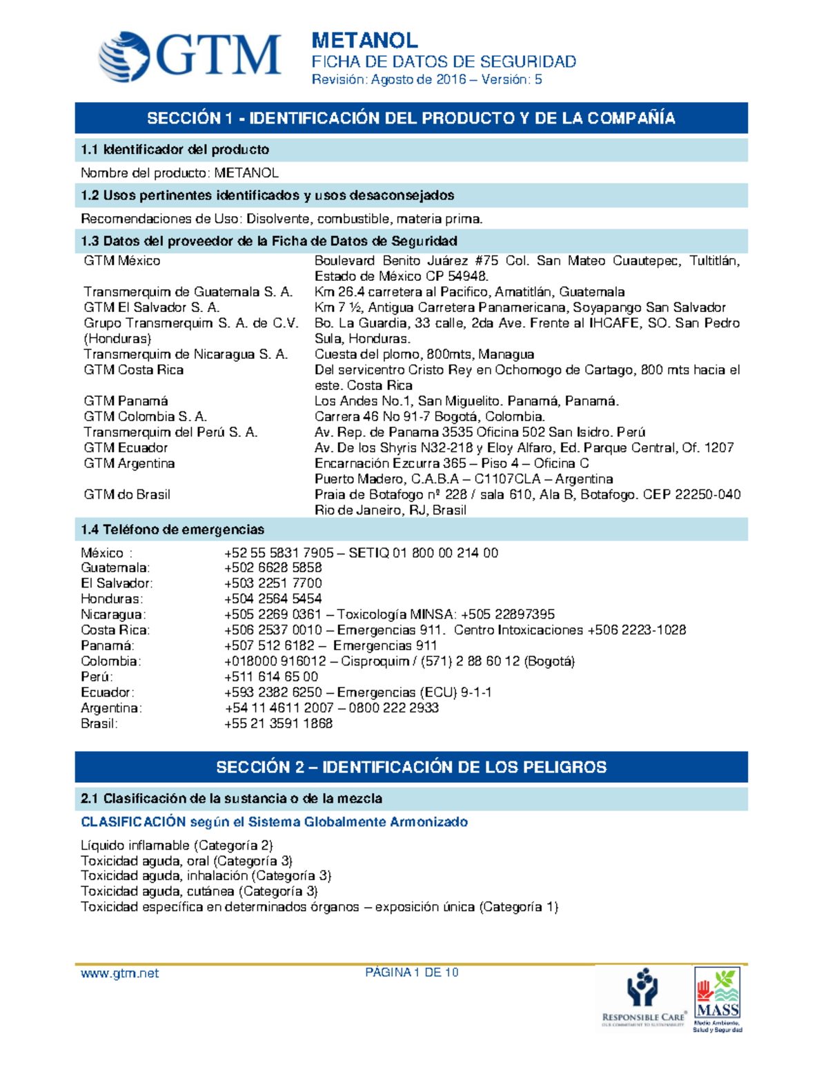 Metanol - METANOL FICHA DE DATOS DE SEGURIDAD Revisión: Agosto de 2016 ...