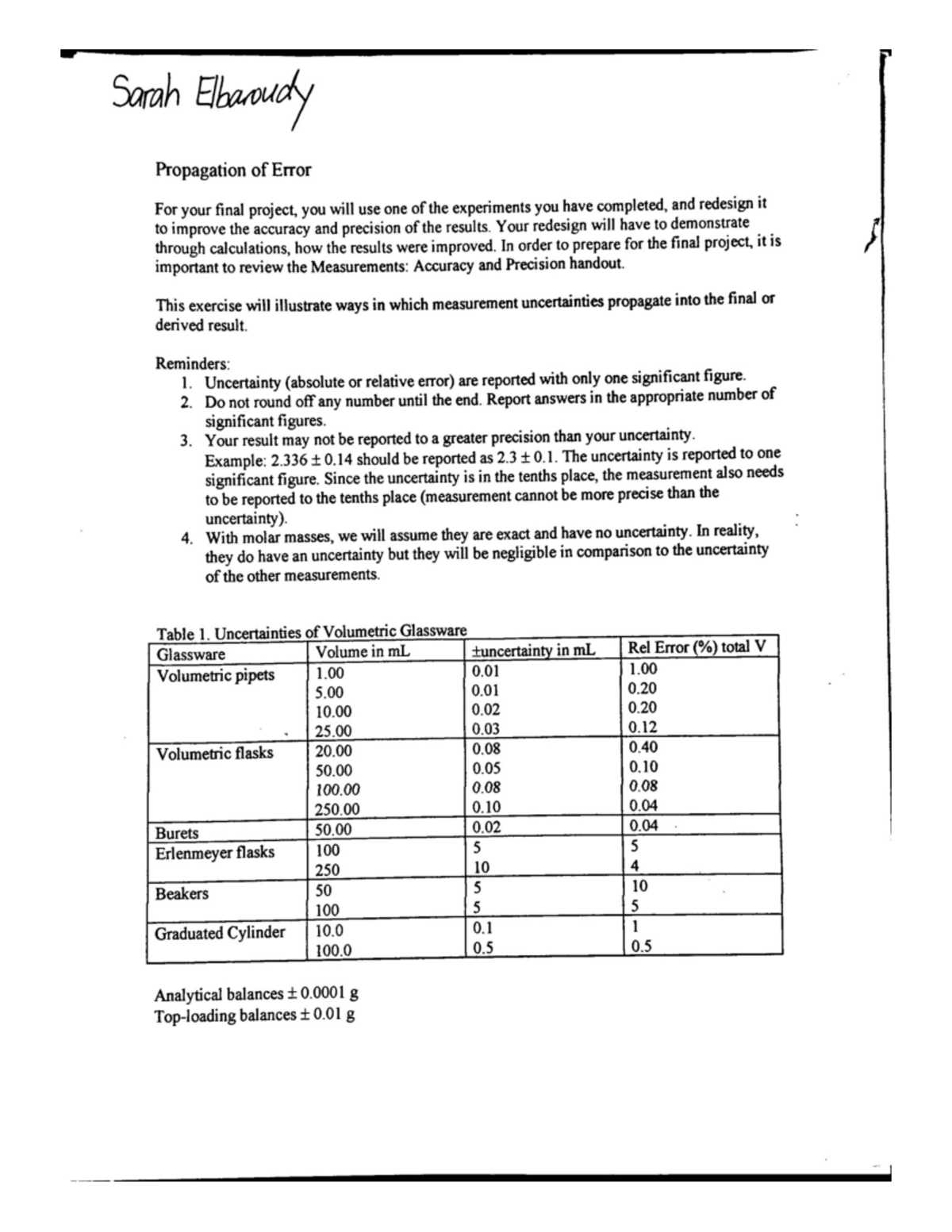 Propagation of Error - CHE 134 - Studocu