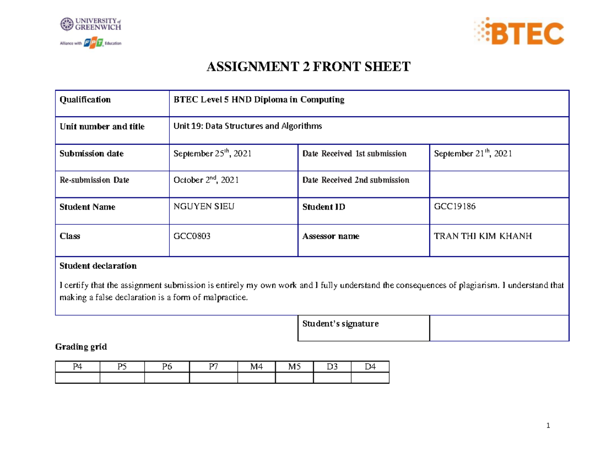 AAA - Good - ASSIGNMENT 2 FRONT SHEET Qualification BTEC Level 5 HND Diploma in Computing Unit ...