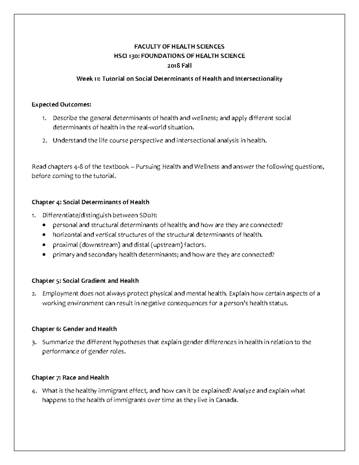 HSCI 130 Tutorials Week 11 to Week 13 - FACULTY OF HEALTH SCIENCES HSCI ...