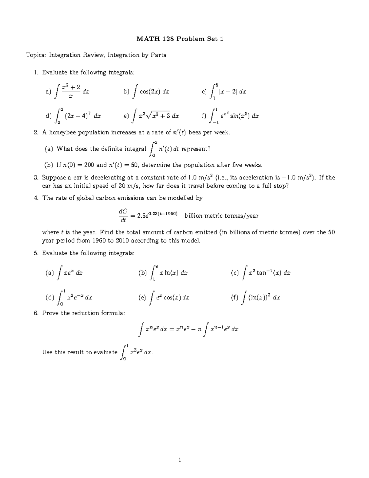 MATH 128 W22 Problem Set 1 Review of Integration - MATH 128 Problem Set ...