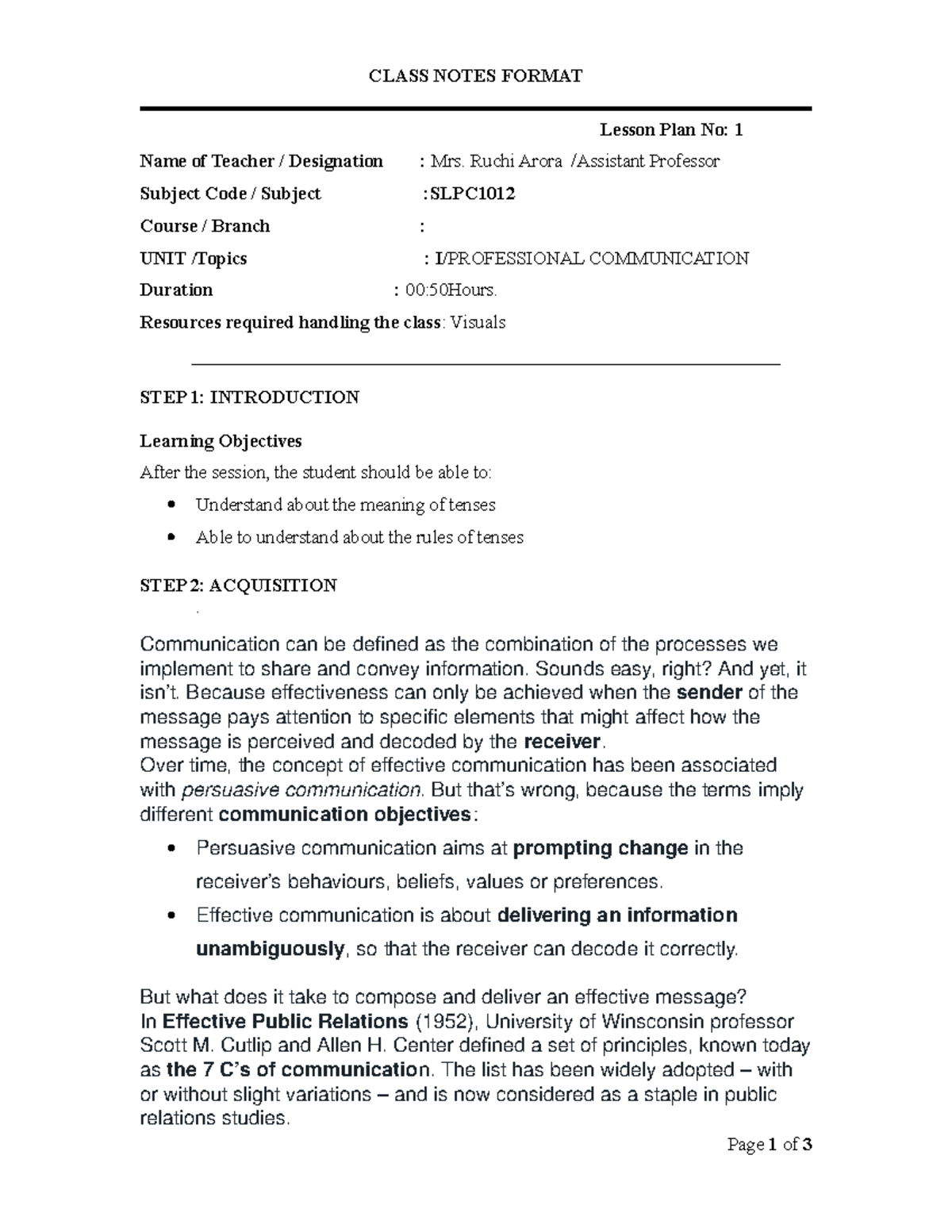 LP 1 Professional COMM. Features & Process - CLASS NOTES FORMAT Lesson ...