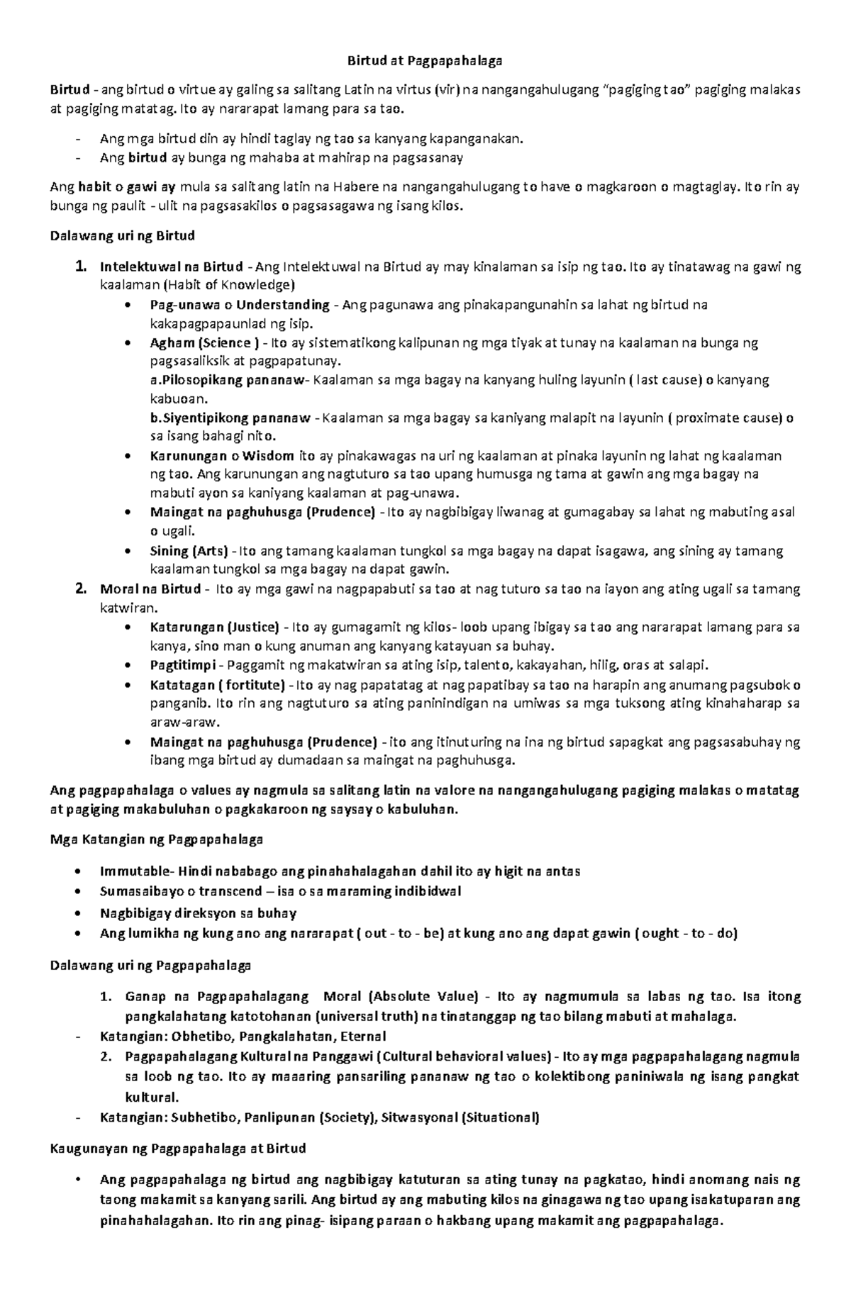 Birtud at Pagpapahalaga Notes - Birtud at Pagpapahalaga Birtud - ang ...