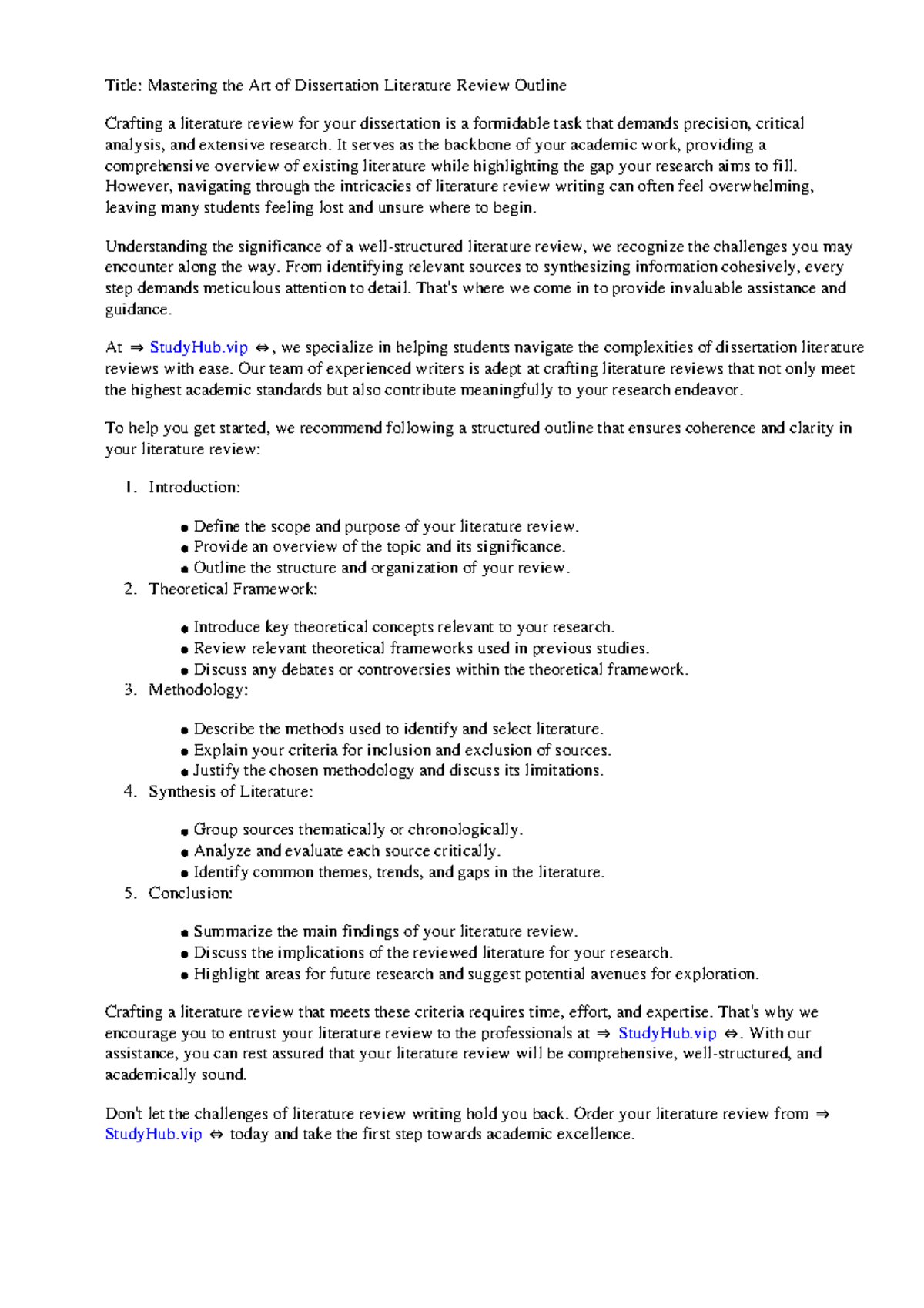 Dissertation Literature Review Outline - Title: Mastering the Art of ...