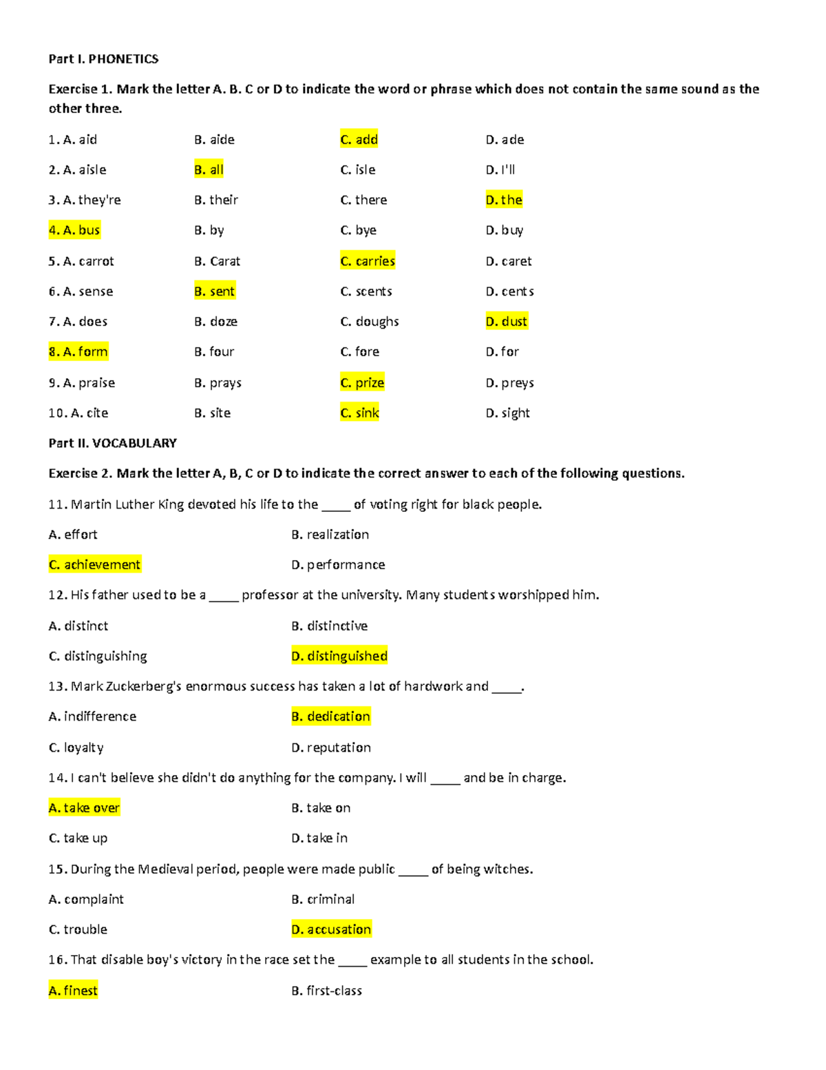 Đáp án Unit 1 - fefrf3f - Part I. PHONETICS Exercise 1. Mark the letter A. B. C or D to indicate ...