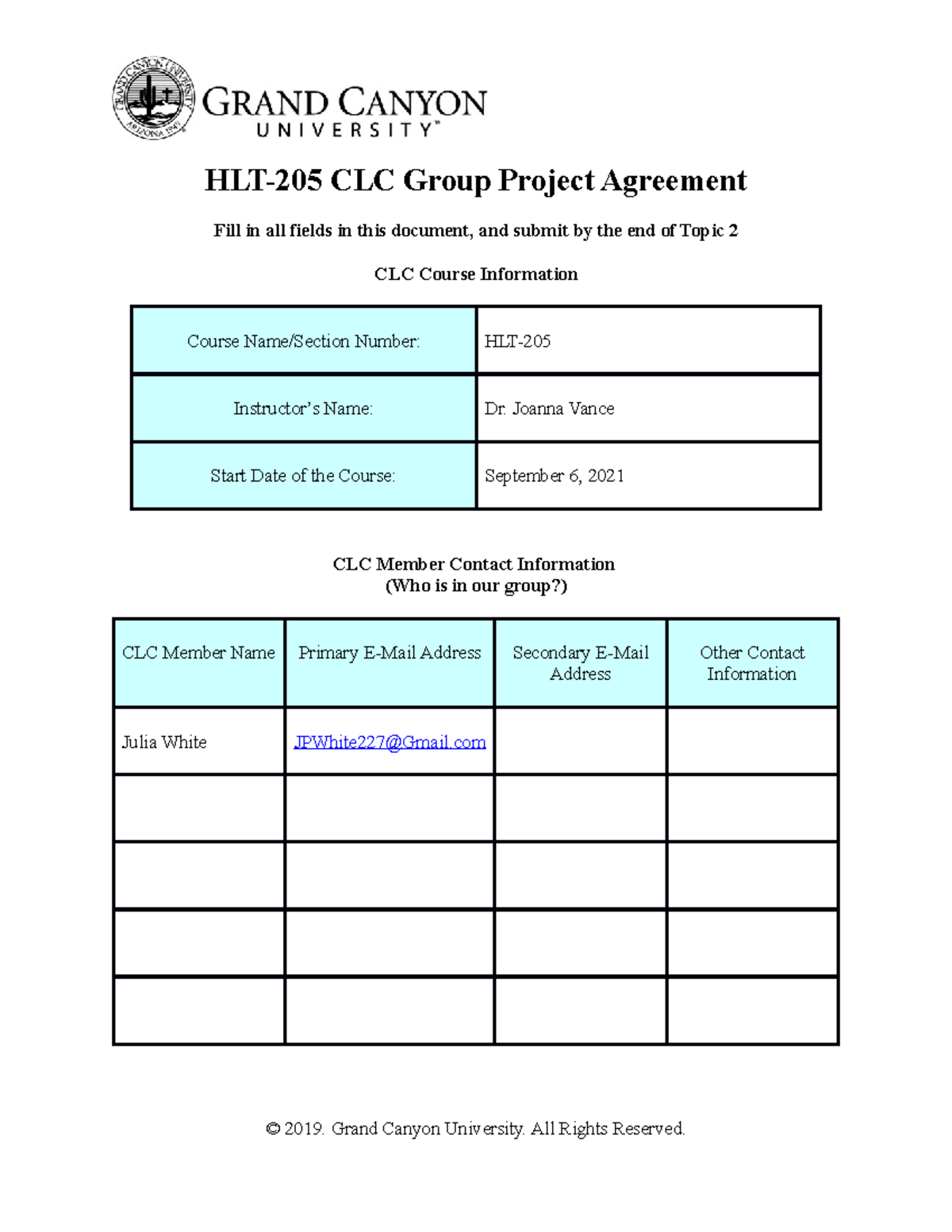 CLC Project example for group - CLC Group Project Agreement Fill in all ...