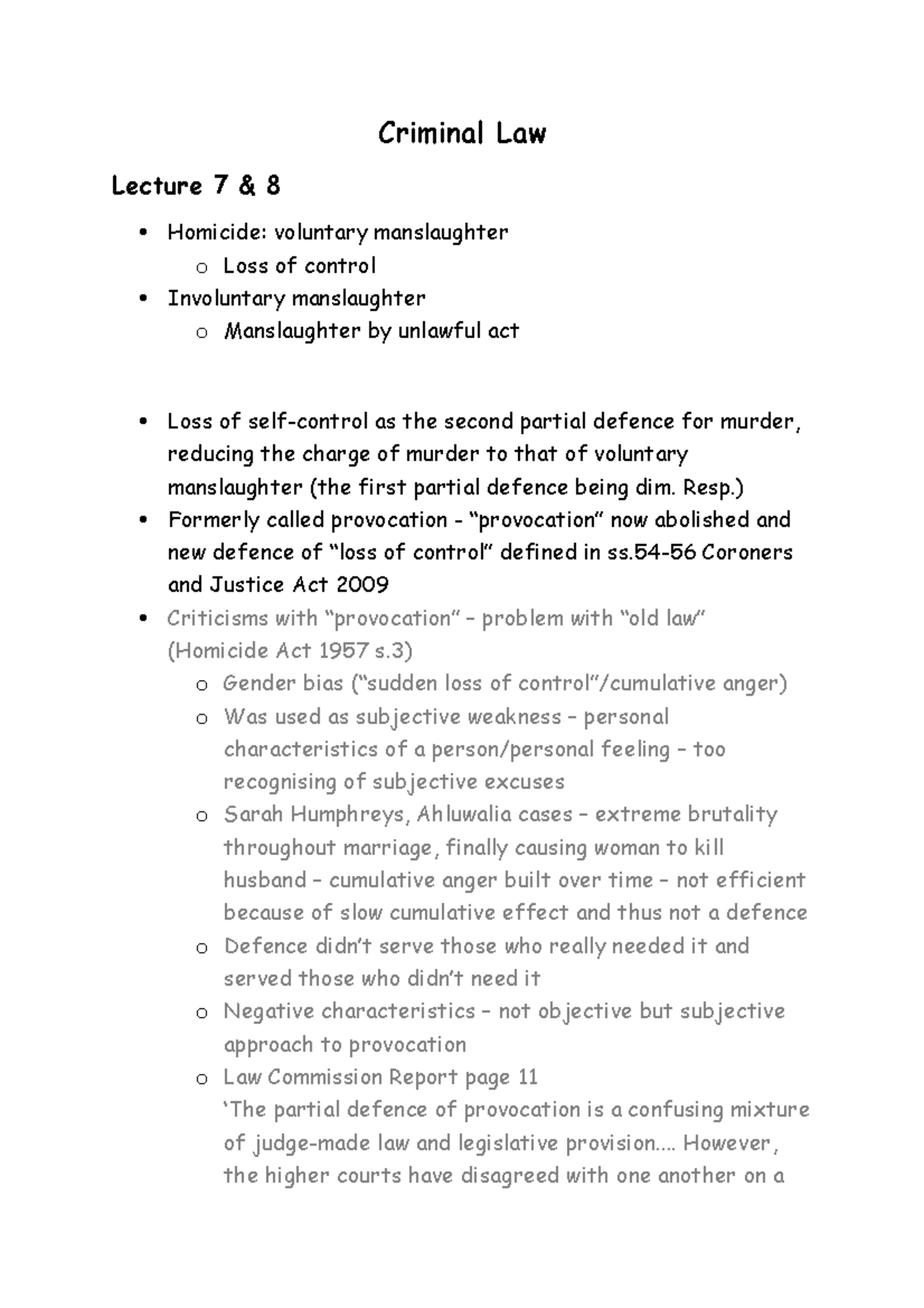Criminal Law week 4 - Loss of Self-Control - Criminal Law Lecture 7 & 8 ...