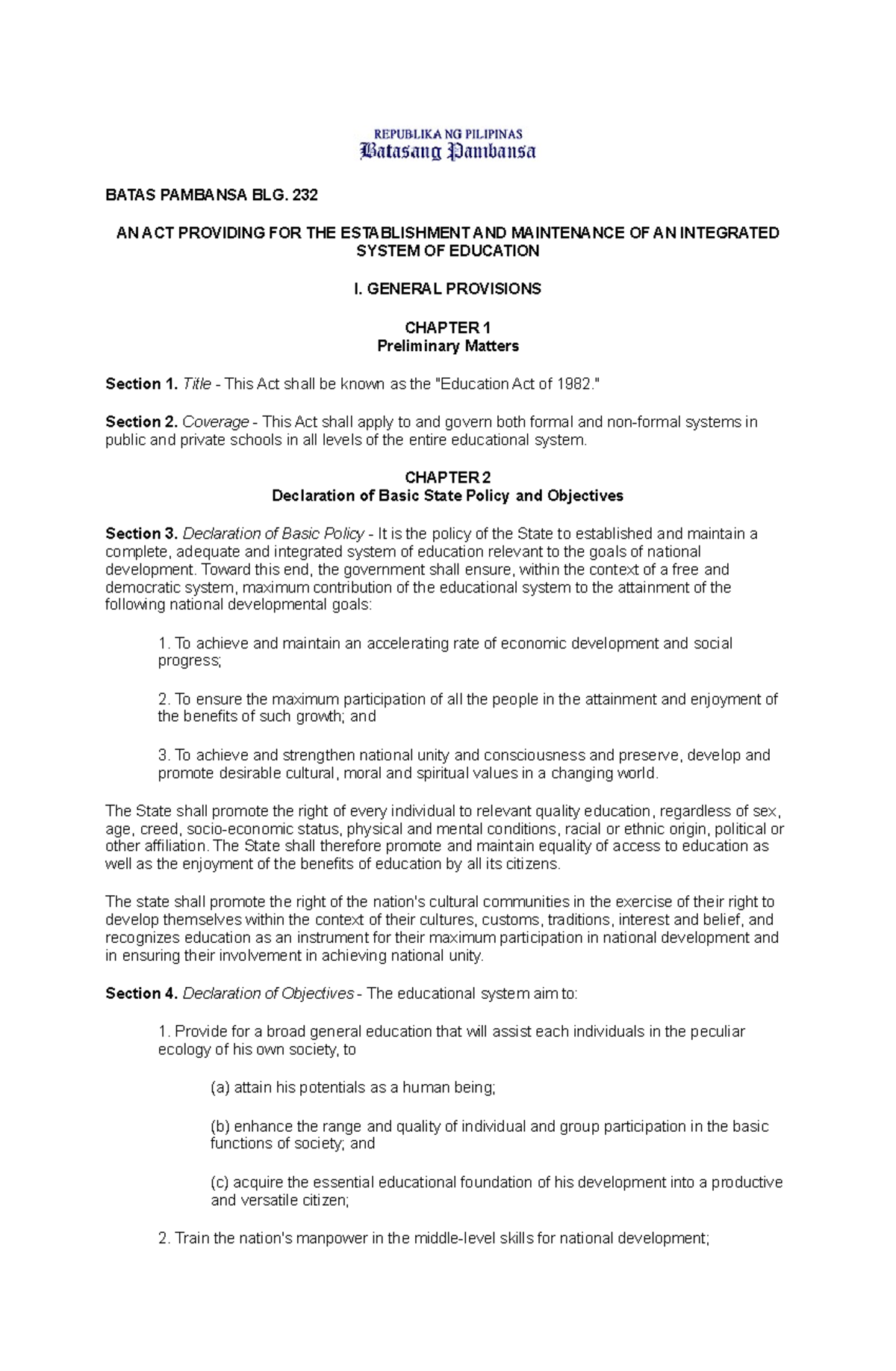 Batasang Pambansa BLG 232 - BATAS PAMBANSA BLG. 232 AN ACT PROVIDING ...