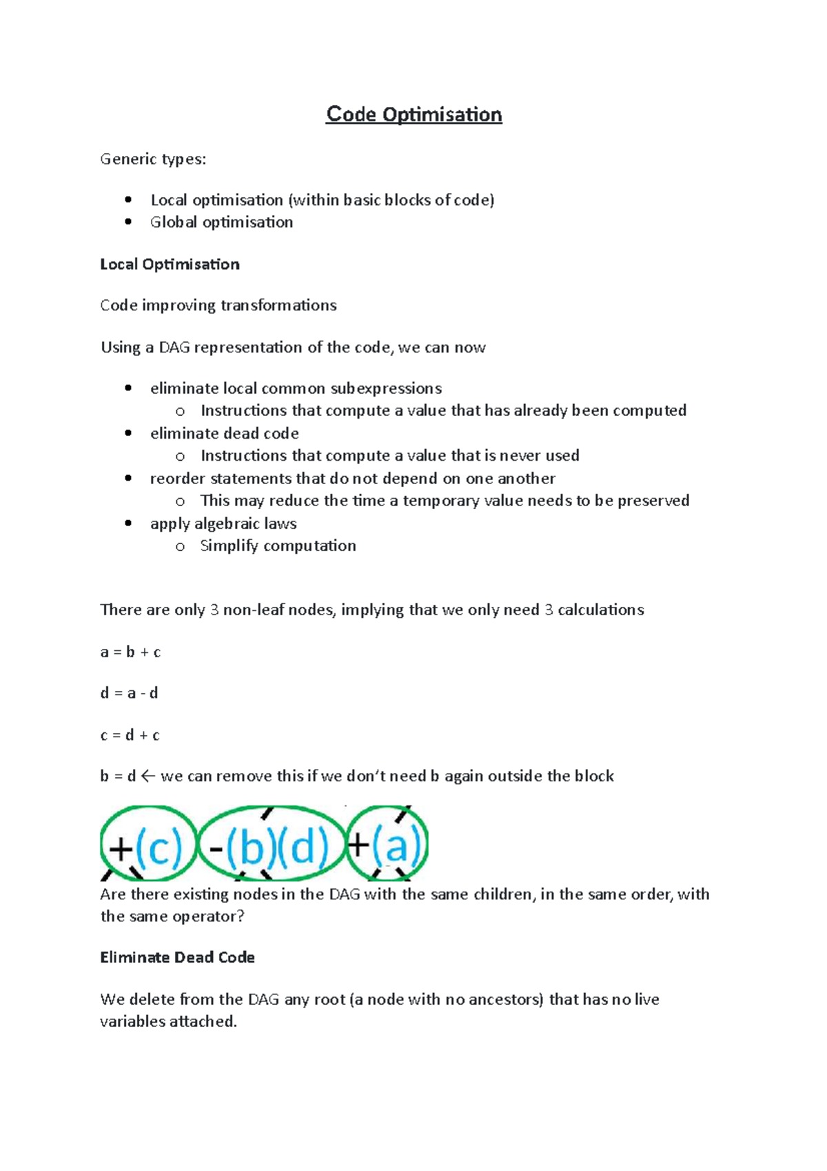 Code Optimisation - Code Optimisation Generic types: Local optimisation ...
