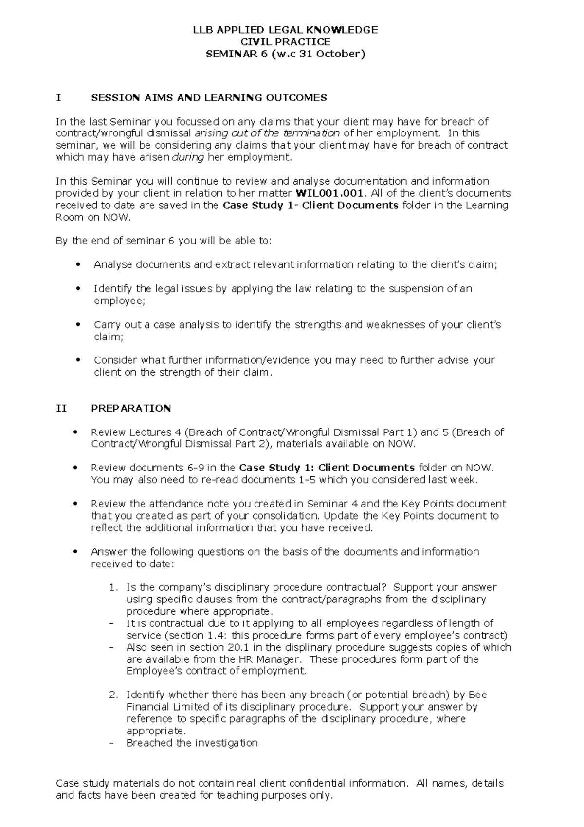 Seminar 6 - LLB APPLIED LEGAL KNOWLEDGE CIVIL PRACTICE SEMINAR 6 (w 31 ...