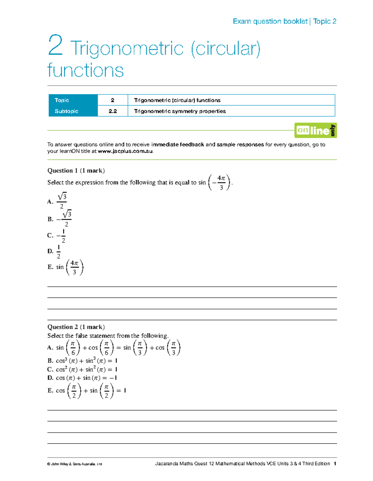 Ch2 Exam question booklet - 2 Trigonometric (circular) functions Topic ...