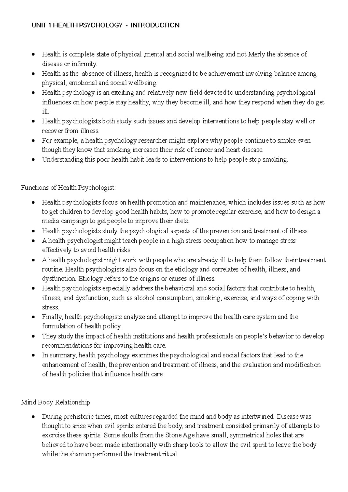 Health psychology unit 1: Introduction - UNIT 1 HEALTH PSYCHOLOGY ...