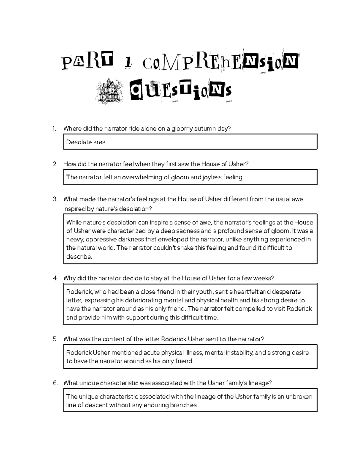 Copy of The Fall of the House of Usher (Comprehension Questions ...