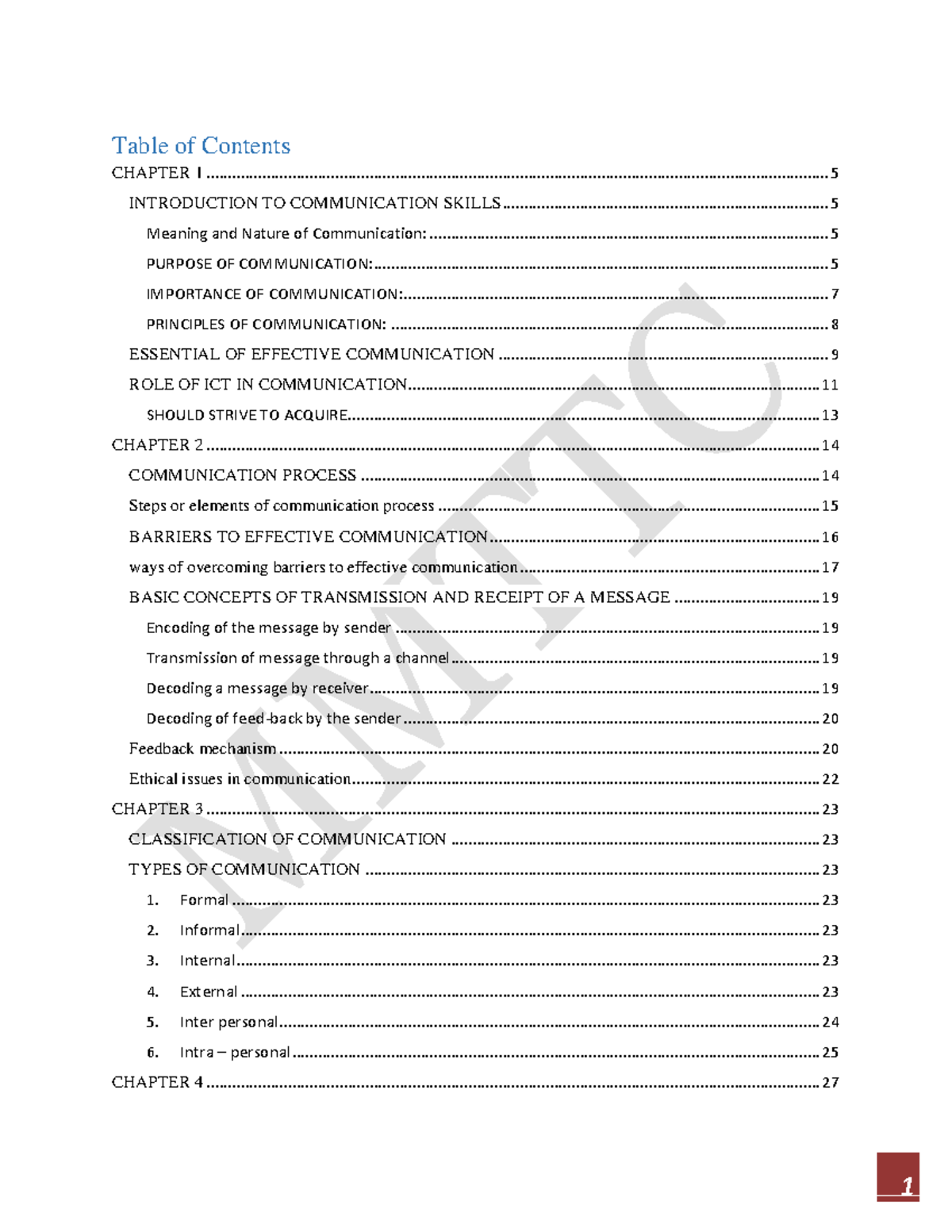 ICT Communication Skills Notes - Table of Contents CHAPTER INTRODUCTION ...