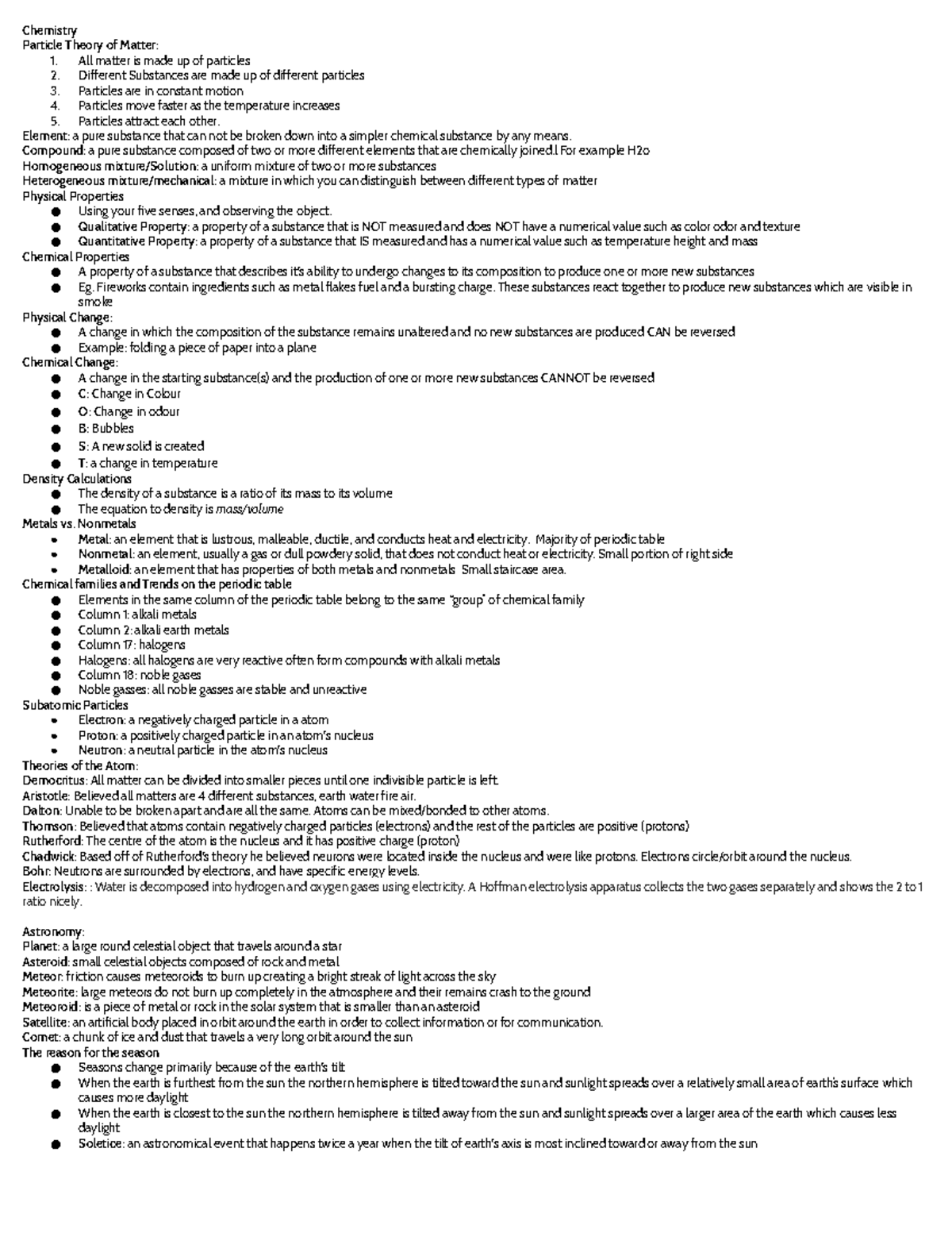 Science Exam Study Guide - Chemistry Particle Theory of Matter: 1. All ...