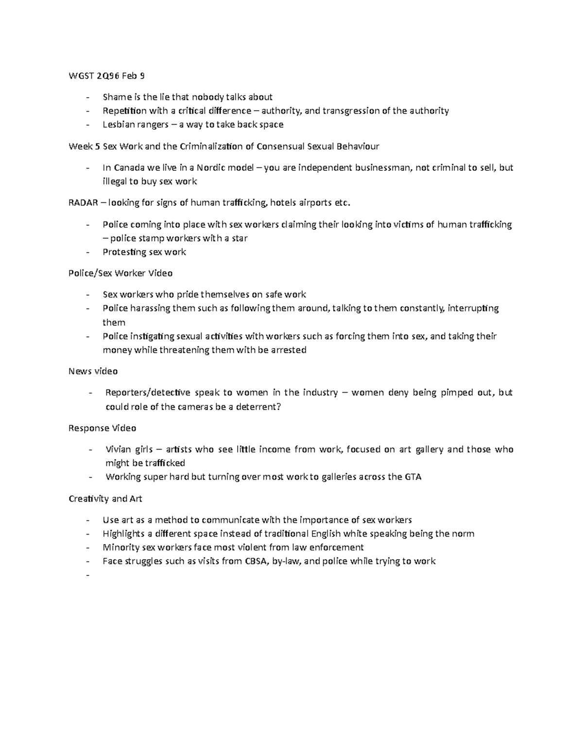 WGST 2Q96 Feb 9 - Completed Lecture Notes. - WGST 2Q96 Feb 9 Shame is ...