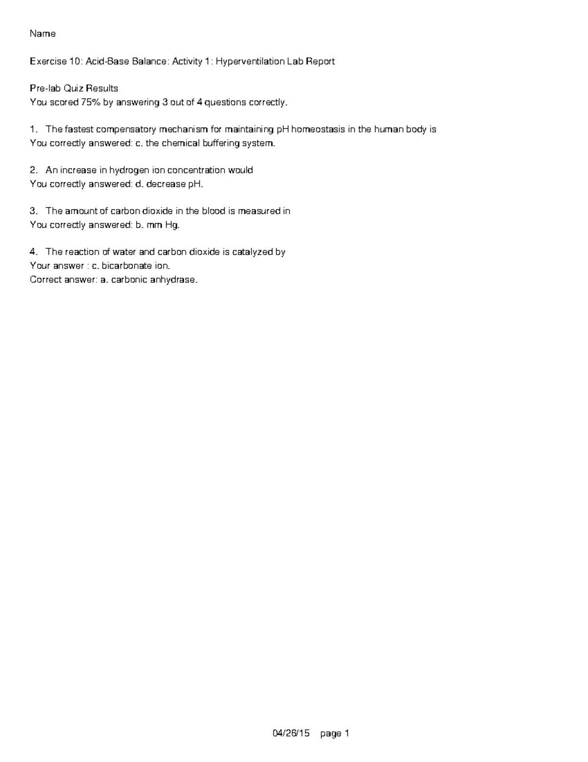 Exercise 10: Acid-Base Balance: Activity 1: Hyperventilation Lab Rep ...