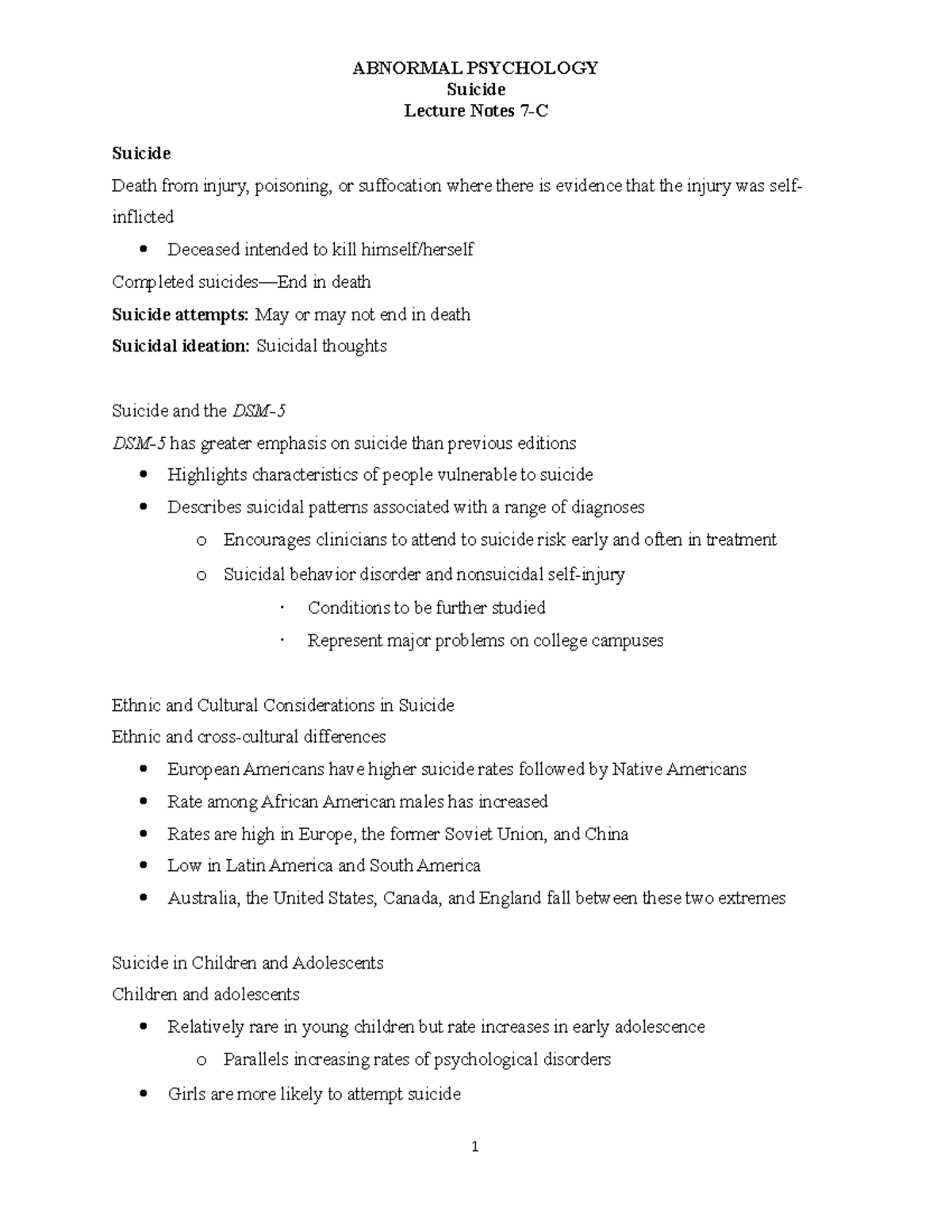 Abnormal-Psy Suicide 7C - Suicide Lecture Notes 7-C Suicide Death from ...