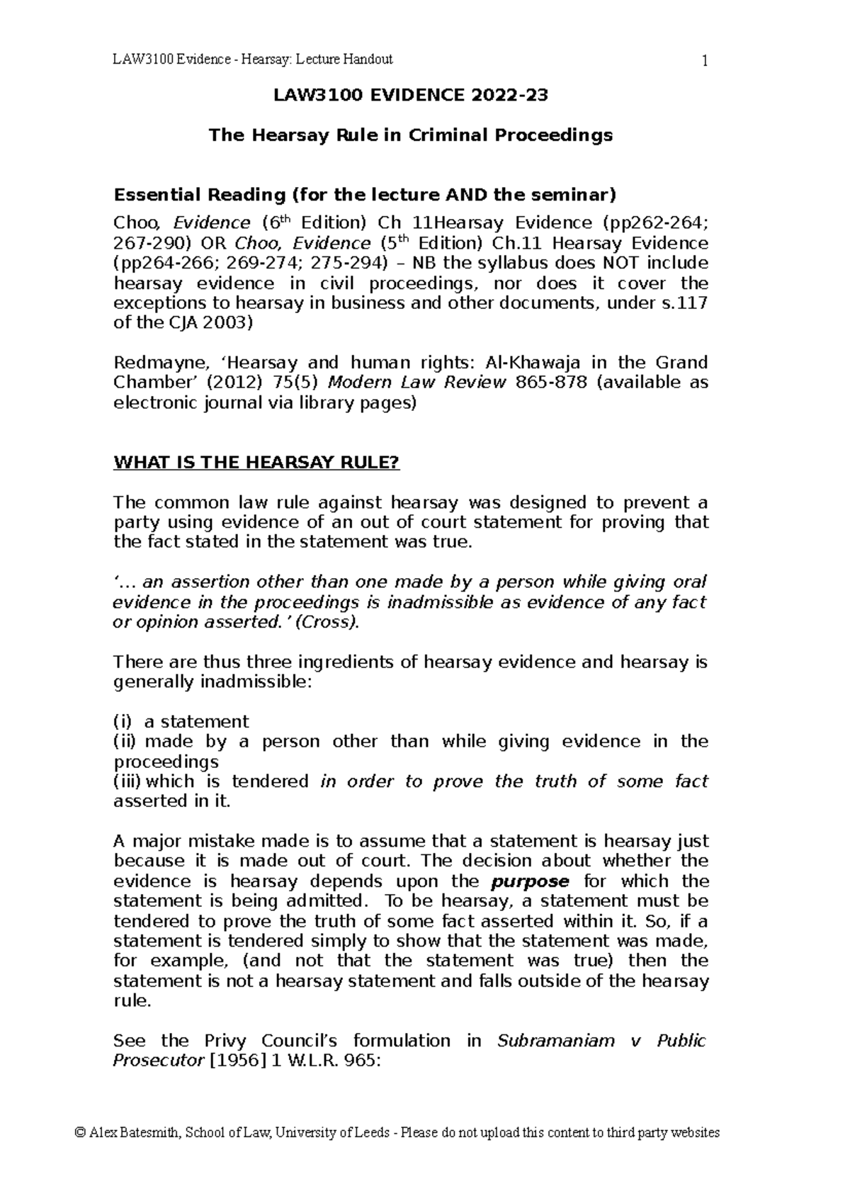 Hearsay Lecture Handout - LAW3100 EVIDENCE 2022- The Hearsay Rule in ...