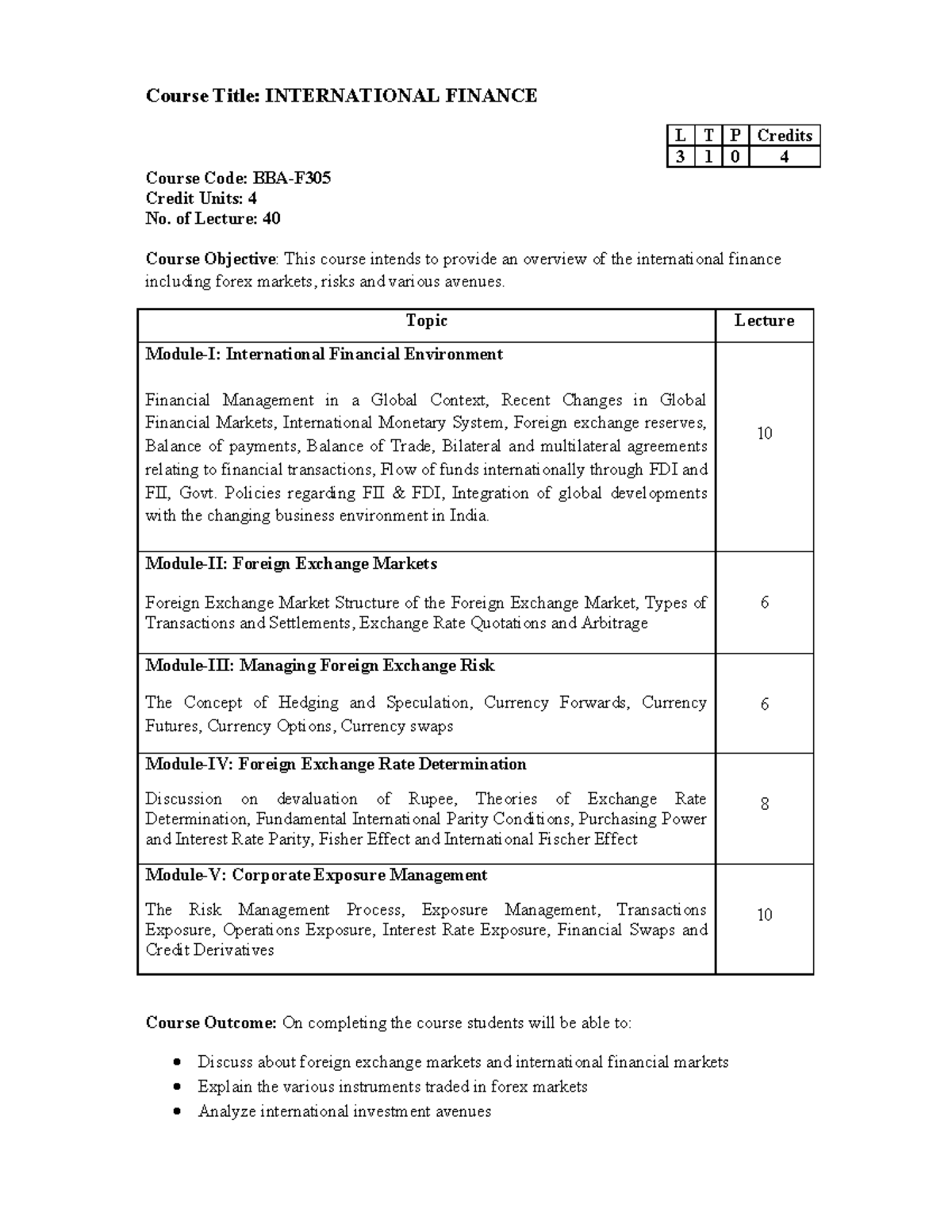 International Finance - Course Title: INTERNATIONAL FINANCE L T P ...