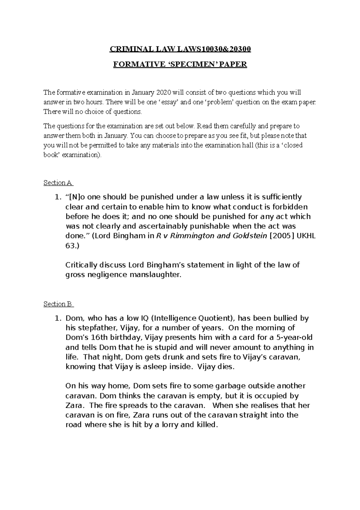 Formative Exam Criminal Law 10030.20300 January 2020 - CRIMINAL LAW ...