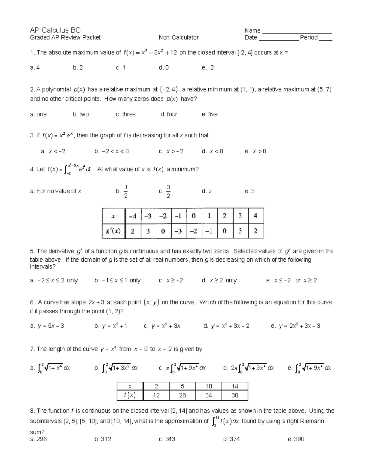 AP Graded Review Packet - AP Calculus BC Name ...