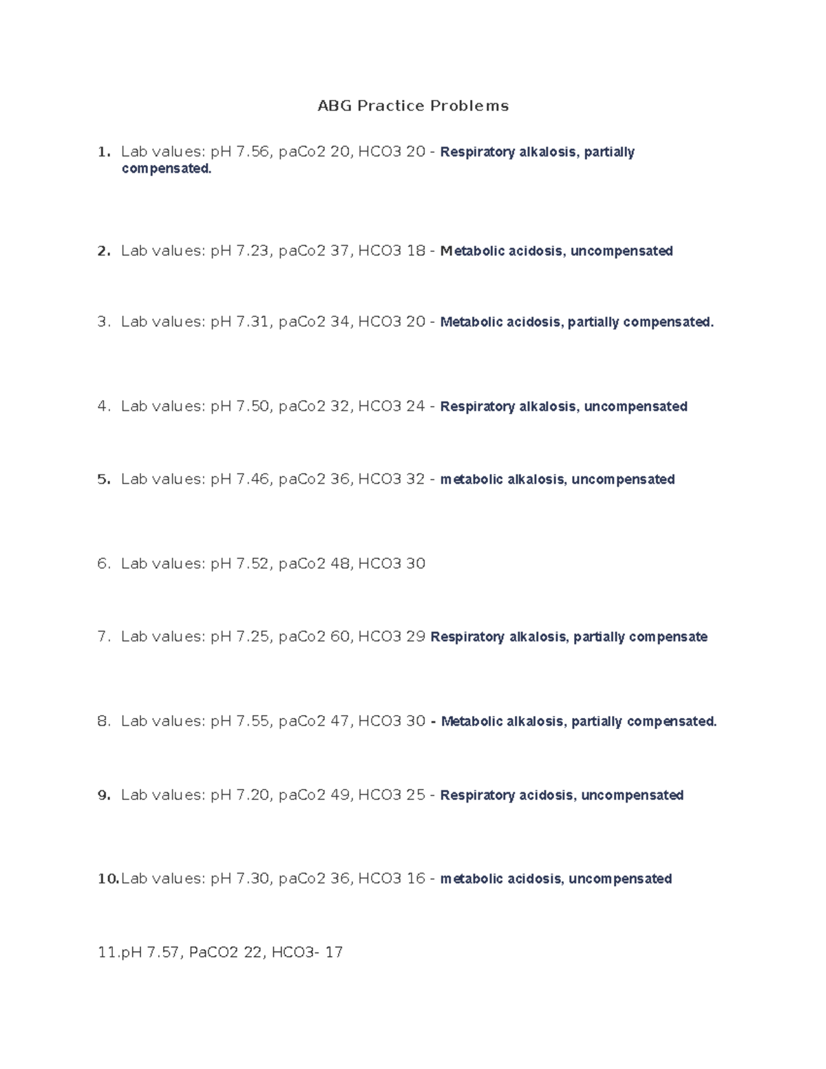 ABG Interpretation Practice All Types - ABG Practice Problems 1. Lab ...