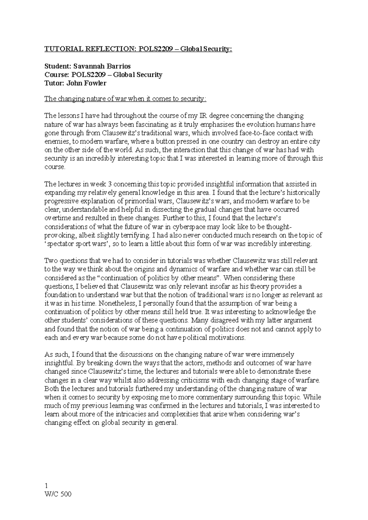 Tutorial Reflection - TUTORIAL REFLECTION: POLS2209 – Global Security: Student: Savannah Barrios ...