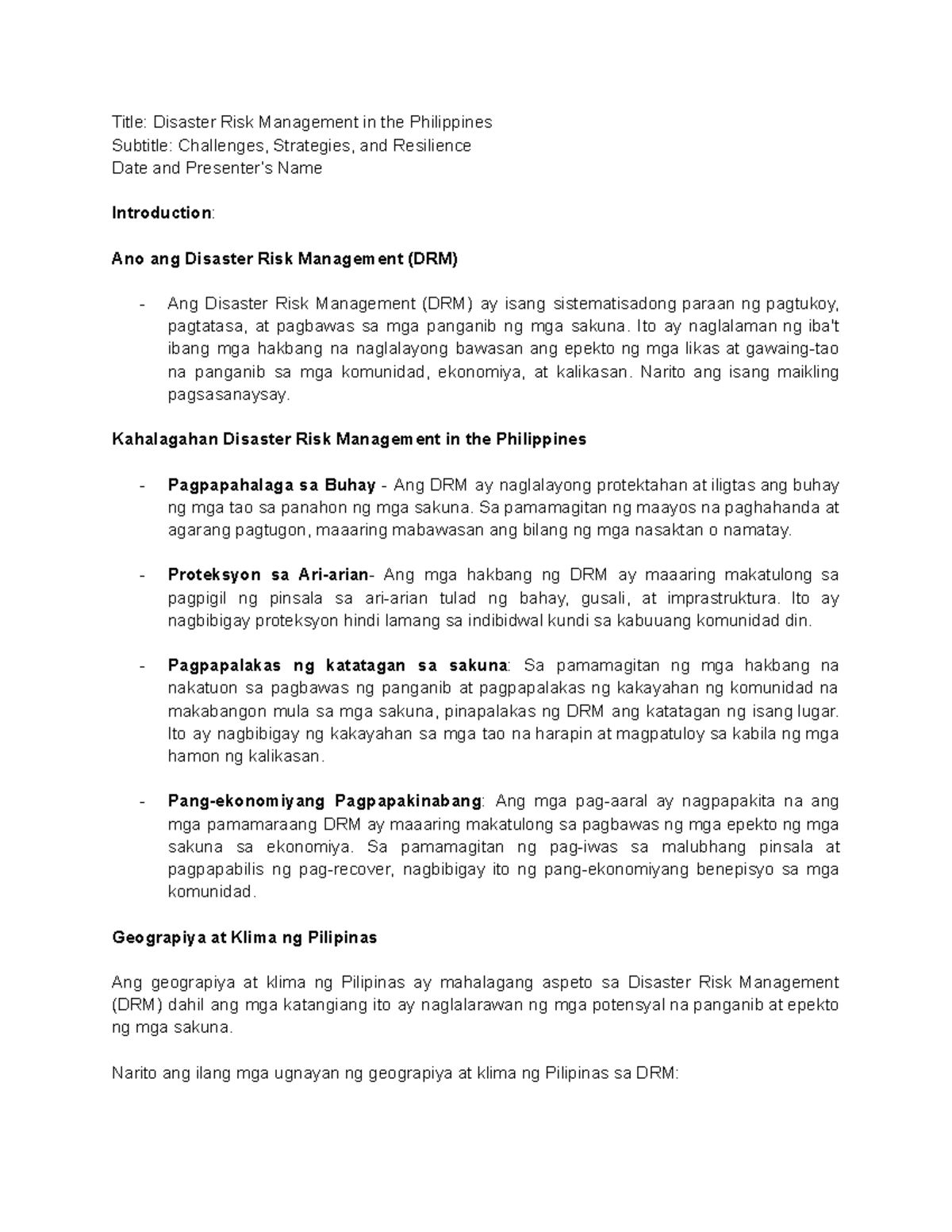 Disaster Risk Management in the Philippines - Title: Disaster Risk ...