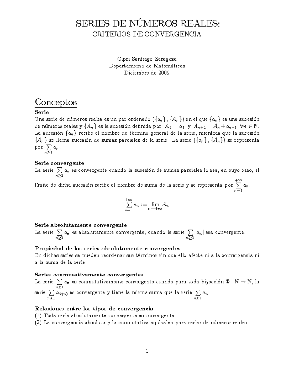 ART-Criterios Convergencia Series 2 - SERIES DE N⁄MEROS REALES: CRITERIOS DE CONVERGENCIA Cipri ...