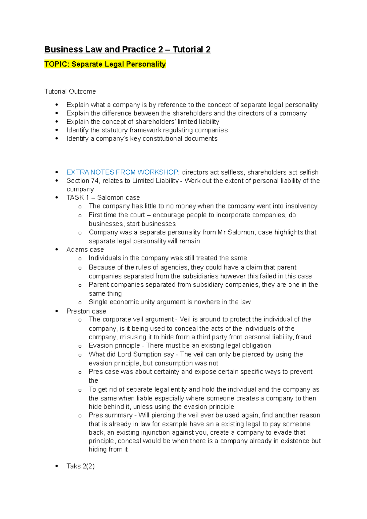 Business Law and Practice 2 - Tutorial 2 - Business Law and Practice 2 ...