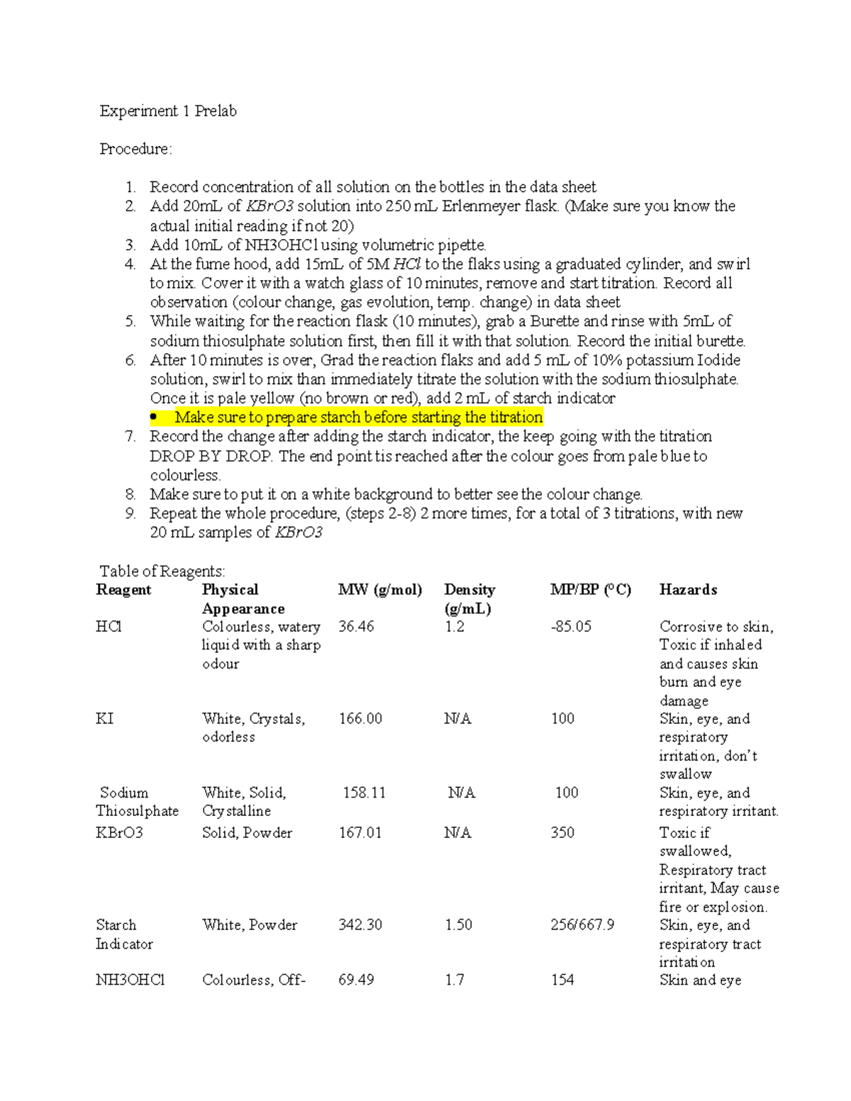 Experiment 1 Pre-lab - pre lab - Experiment 1 Prelab Procedure: 1 ...