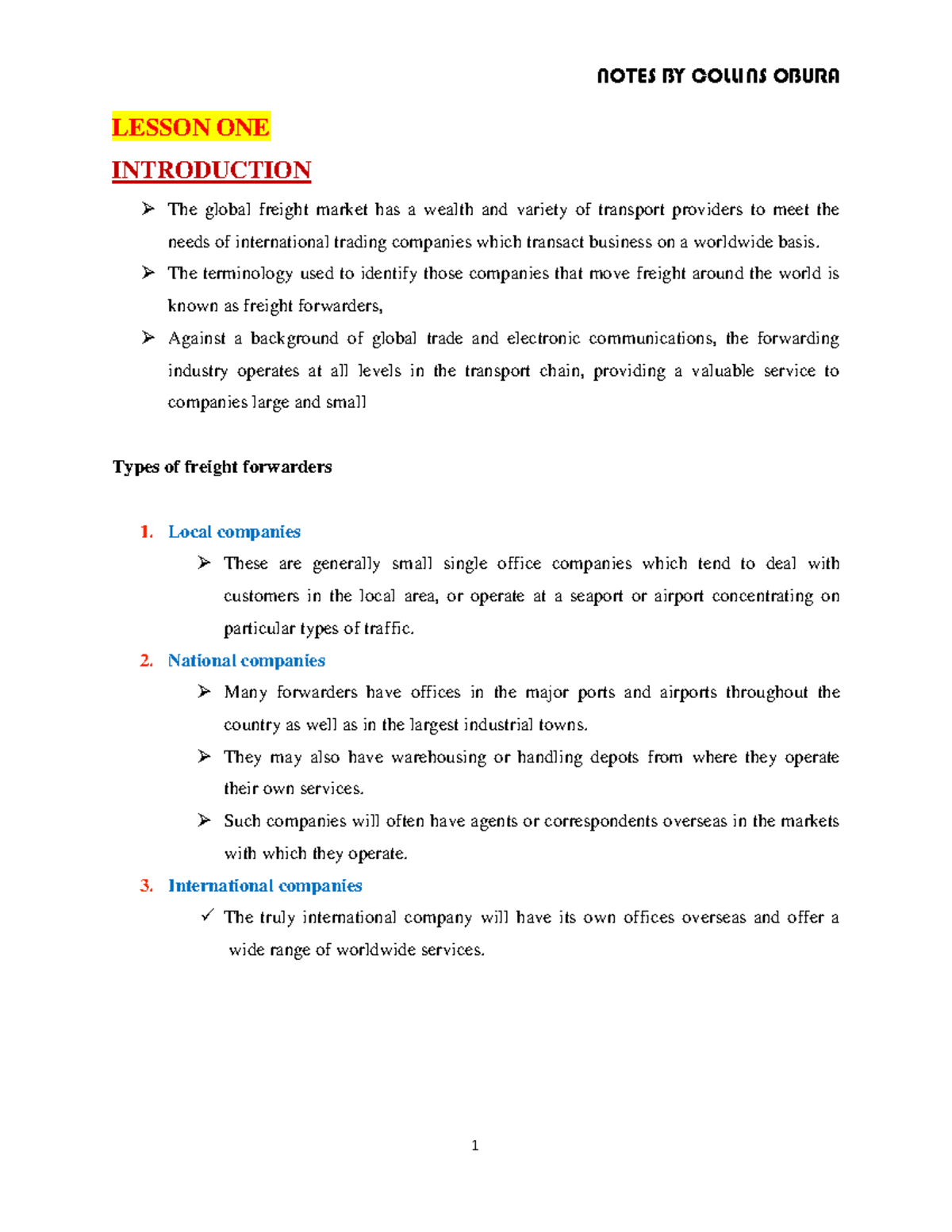 Freight AND Fleet MGT Notes - NOTES BY COLLINS OBURA LESSON ONE ...