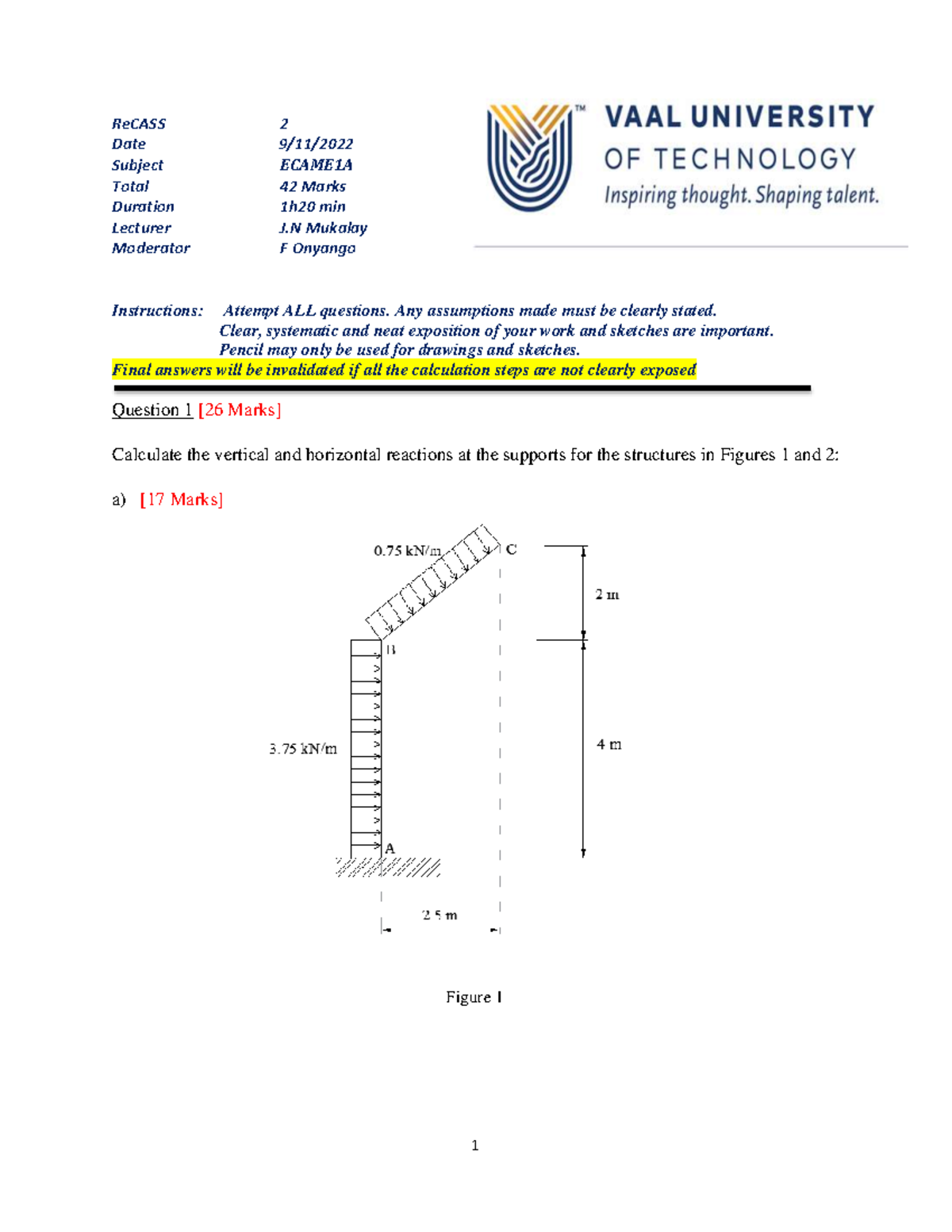 Reassessment test 2 - 1 ReCASS 2 Date 9/11/ 2022 Subject ECAME1A Total ...