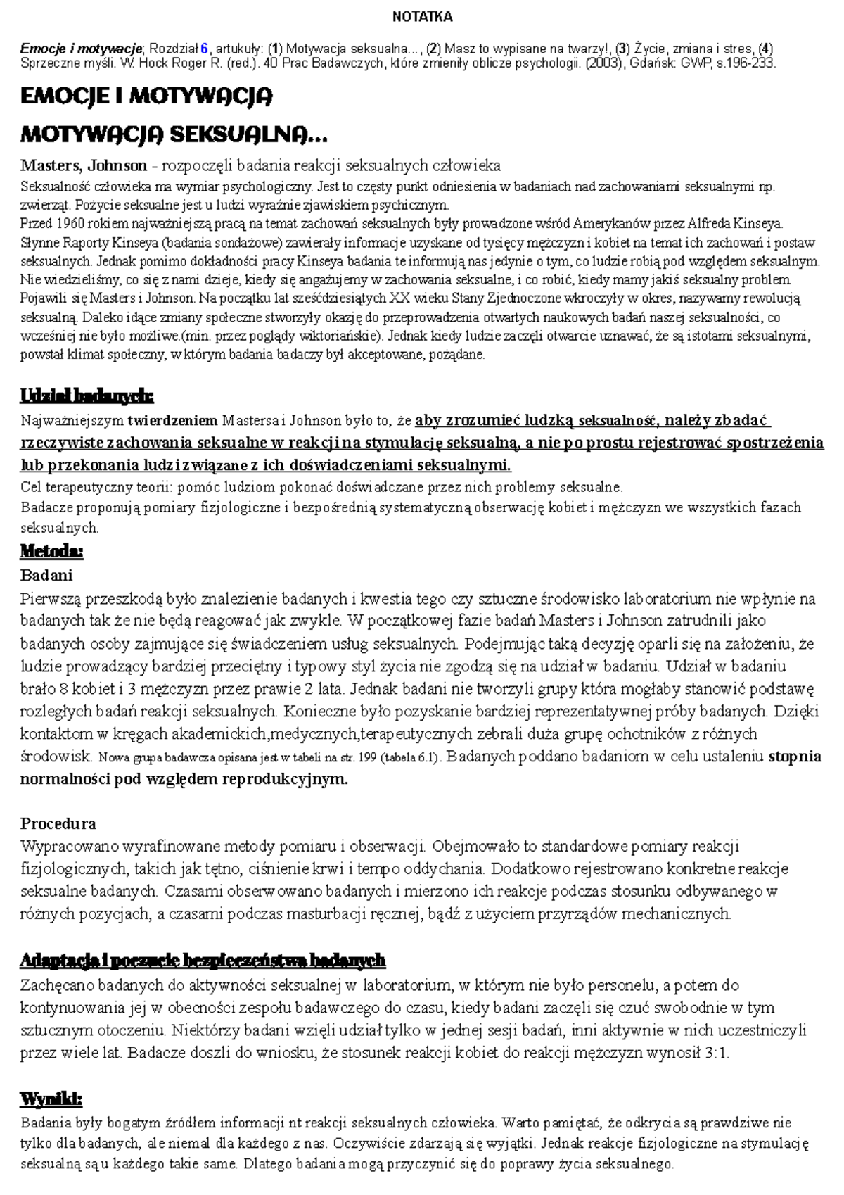 Notatka Emocje i motywacje; Rozdział 6; 40 Prac Badawczych - NOTATKA ...