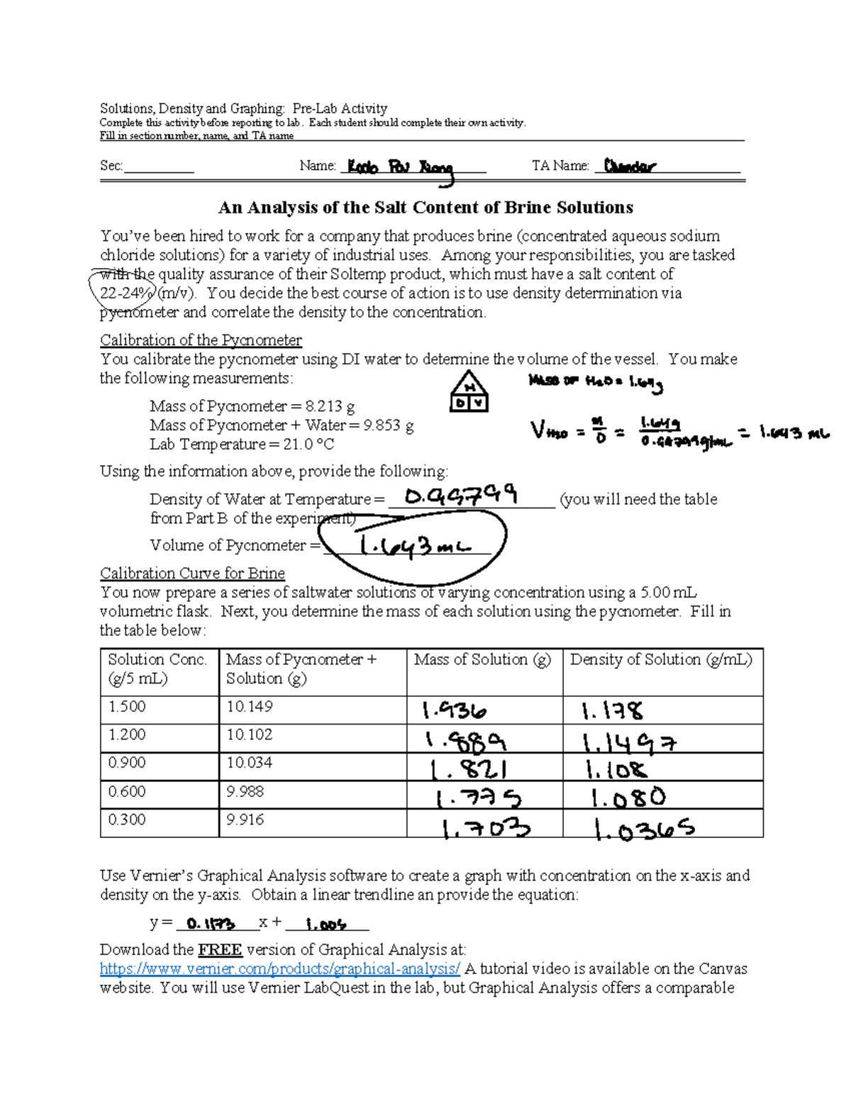 Solutions, Density, & Graphing Pre-Lab - Solutions, Density and ...