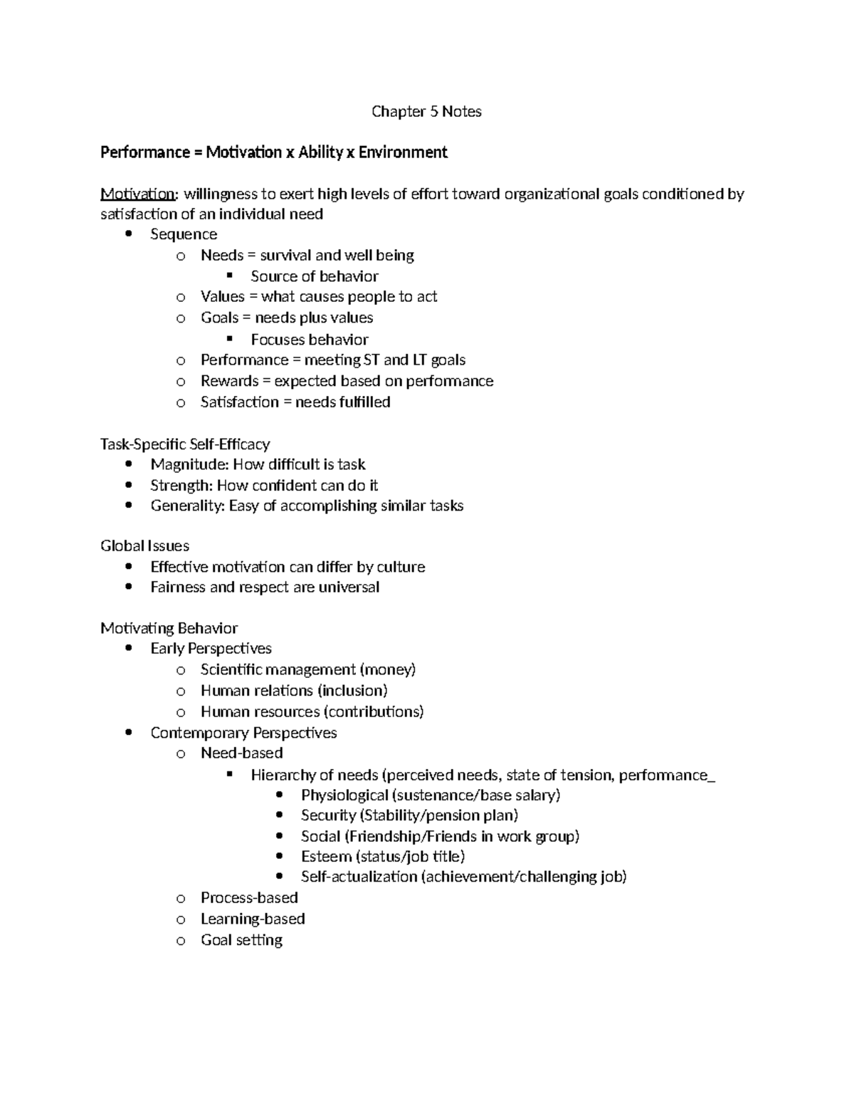 Chapter 5 Notes - Chapter 5 Notes Performance = Motivation x Ability x ...