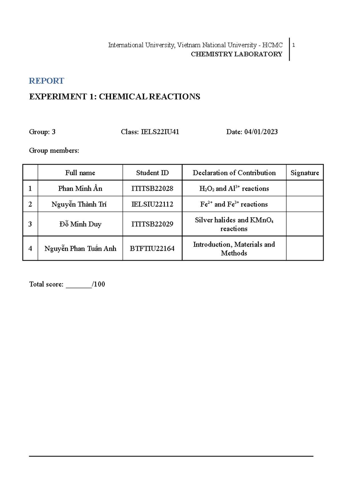 RP 1 group 3 - RP 1 - CHEMISTRY LABORATORY REPORT EXPERIMENT 1 ...