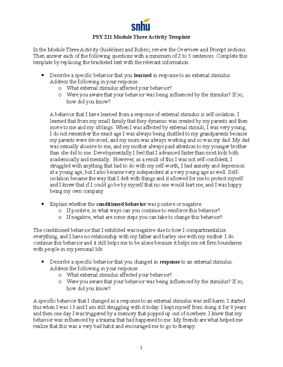 PSY 211 Module Three Activity Template - Then answer each of the ...