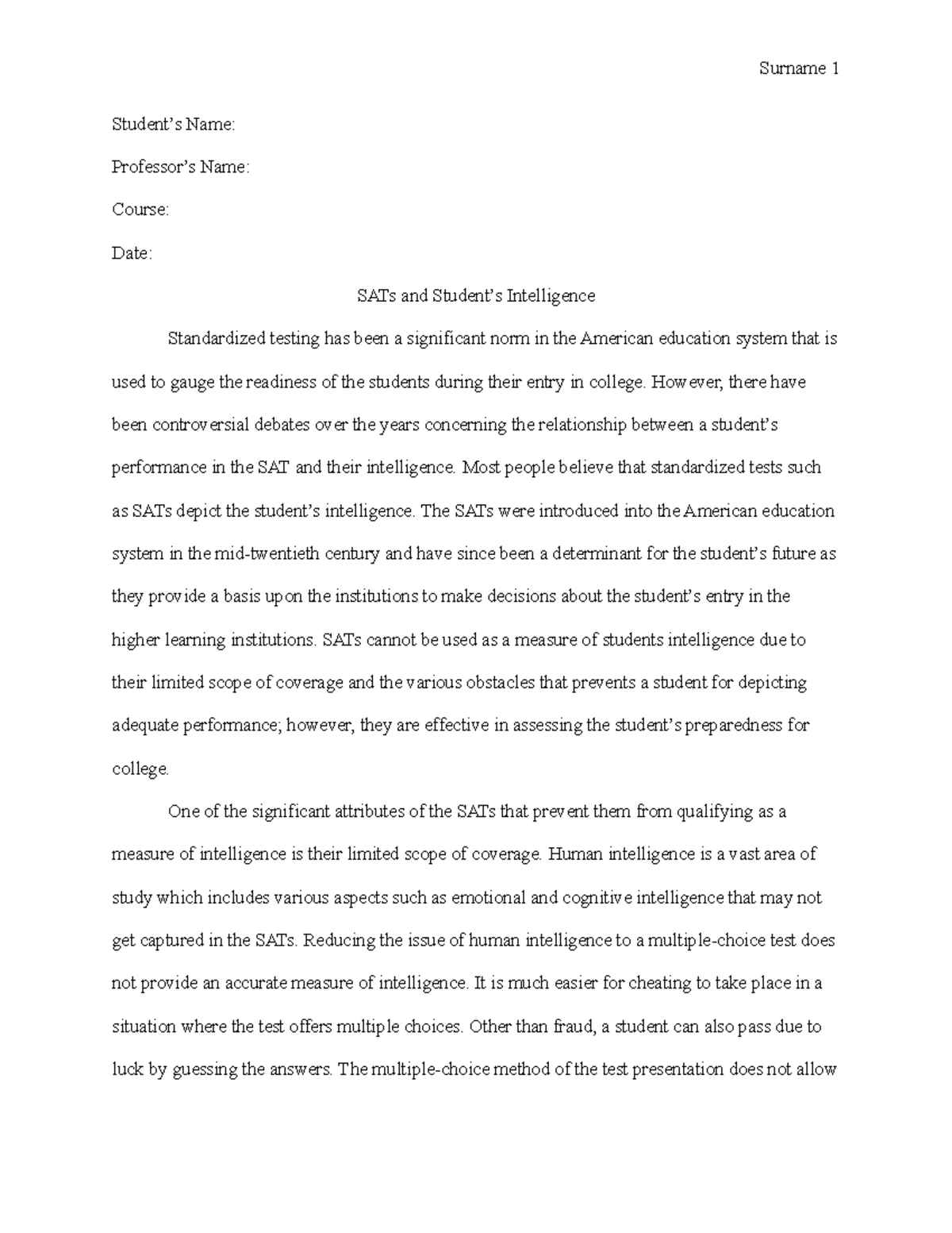 SATs and Student’s Intelligence - Student’s Name: Professor’s Name ...