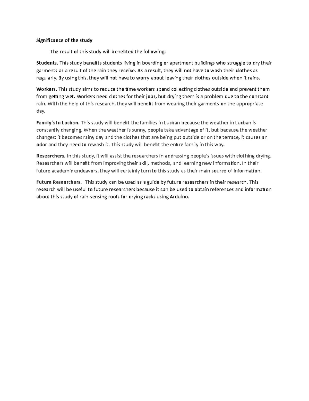 Significance of the study - This study benefits students living in ...