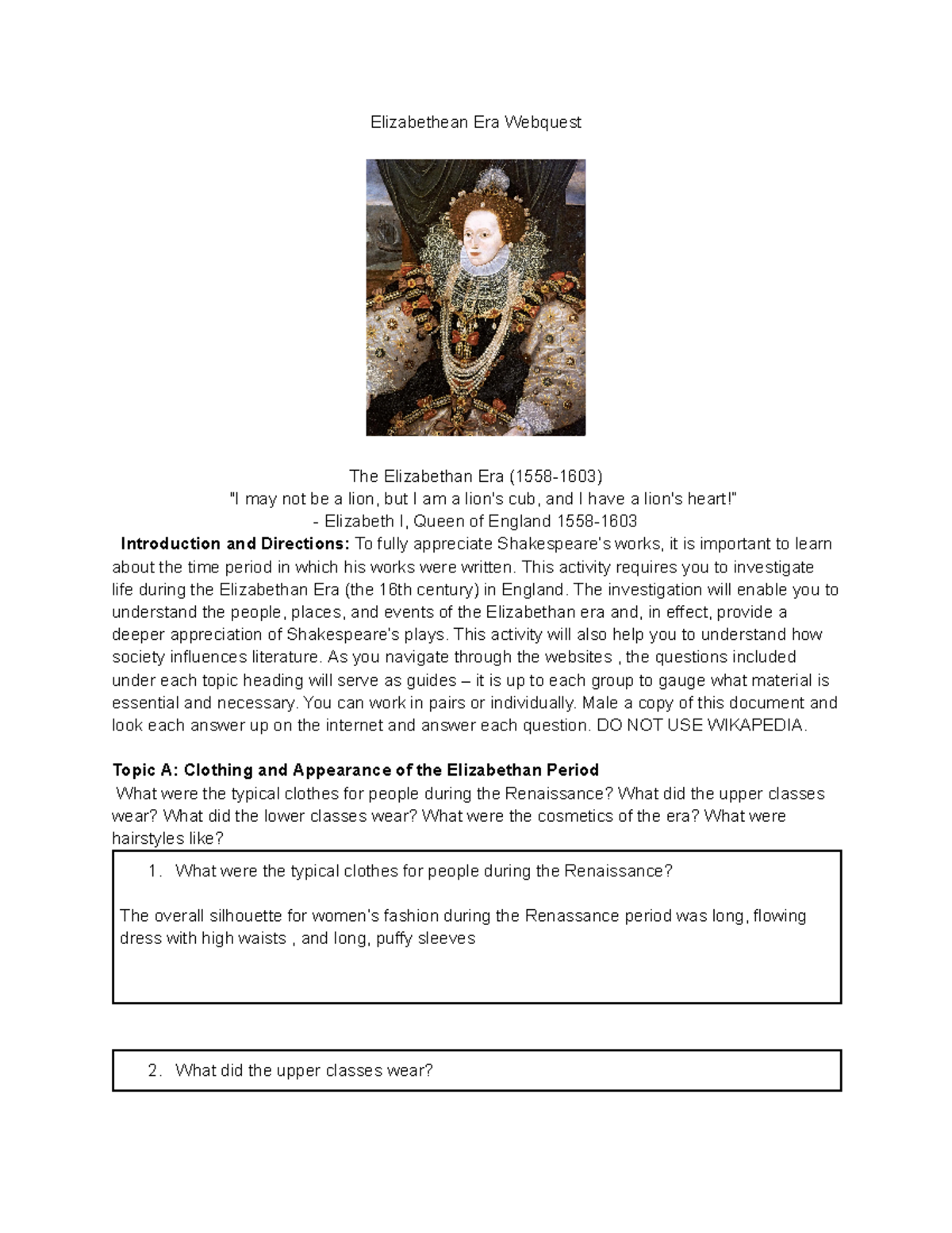 Copy of Elizabethean Era Webquest - Elizabethean Era Webquest The ...