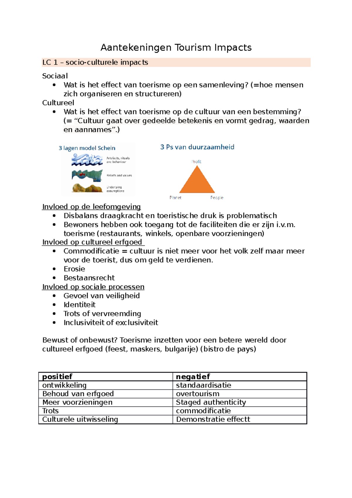 LC 1 - socio culturele impacts - Aantekeningen Tourism Impacts LC 1 ...