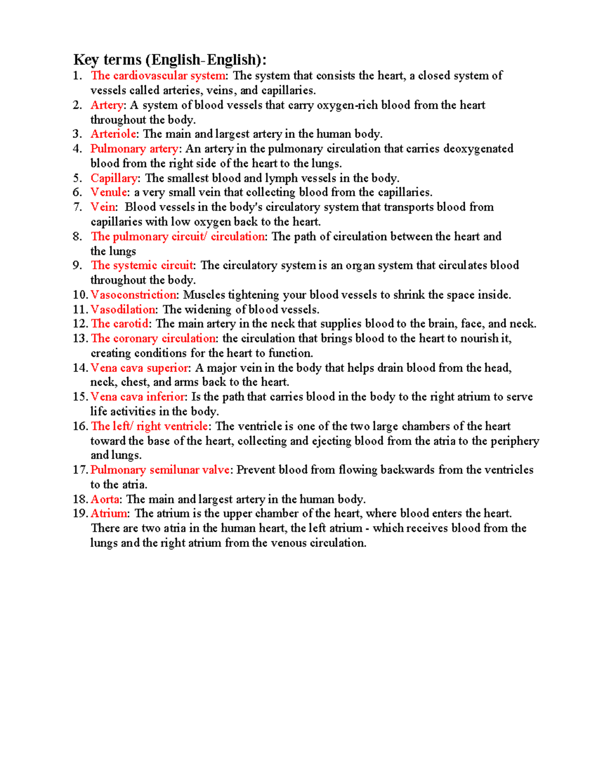 Key terms(E-E) - Key terms (English-English): The cardiovascular system ...