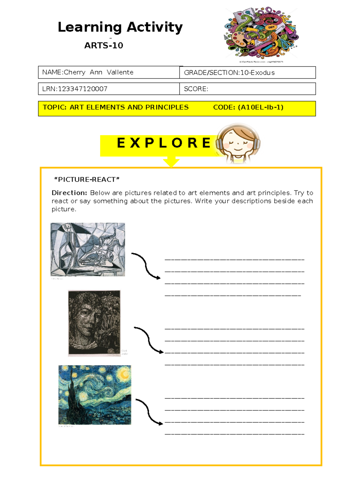 ART 10 Learning Activity Week 1 - Learning Activity ARTS-10 Sheet NAME ...